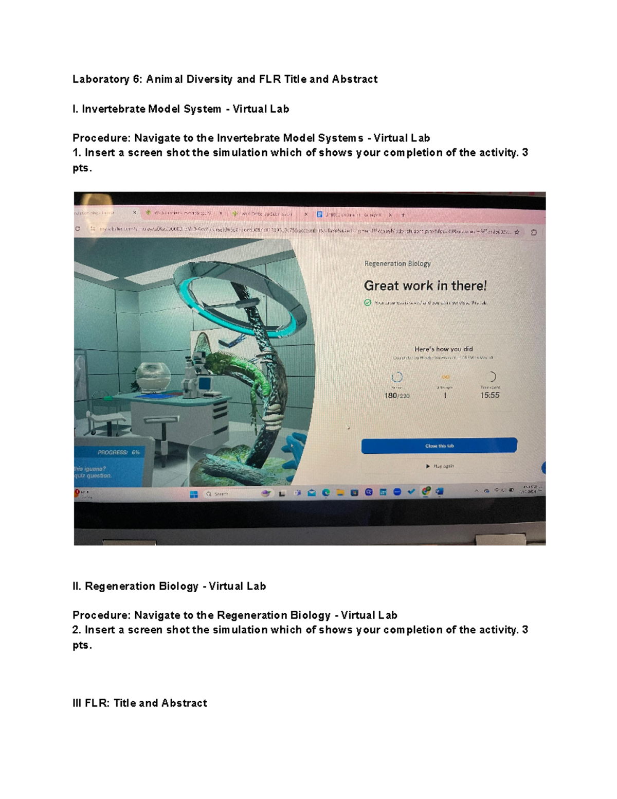 Week 6 Lab for Biology Ecology and Evolution - BI 251 - Laboratory 6: Animal Diversity and FLR ...