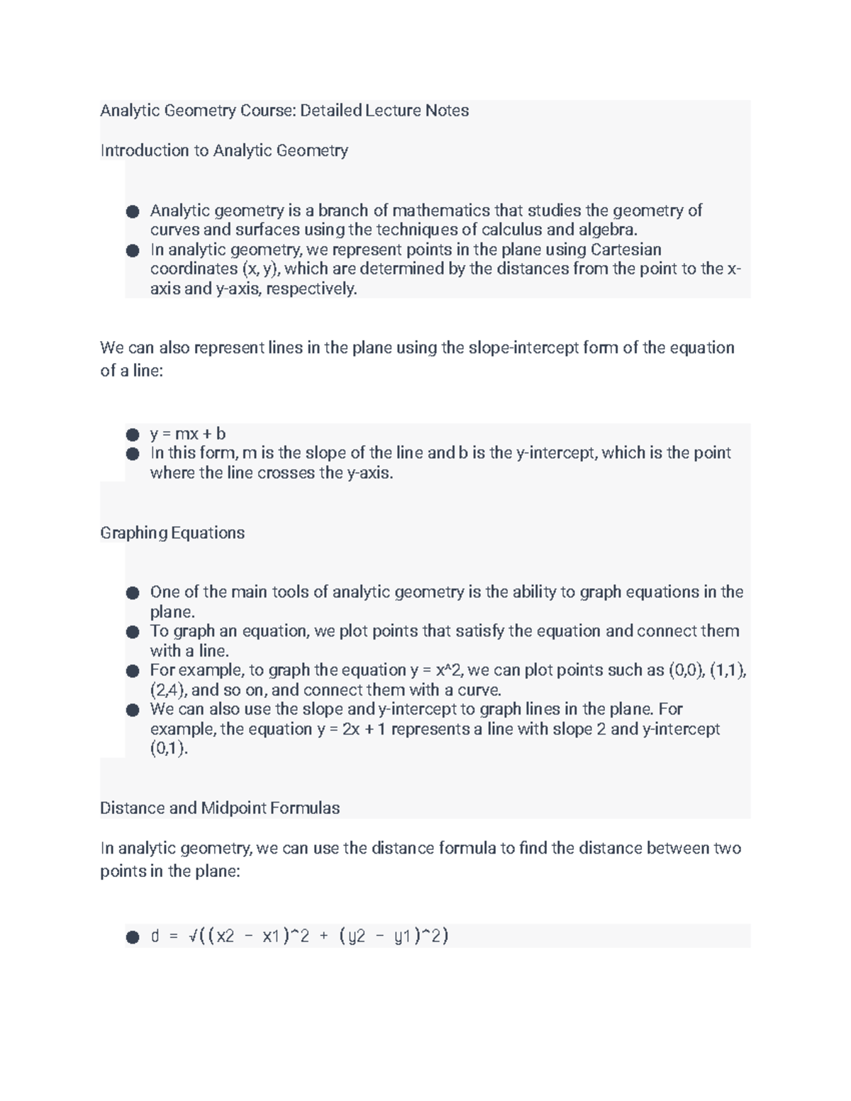 Analytic Geometry Notes Analytic Geometry Course Detailed Lecture