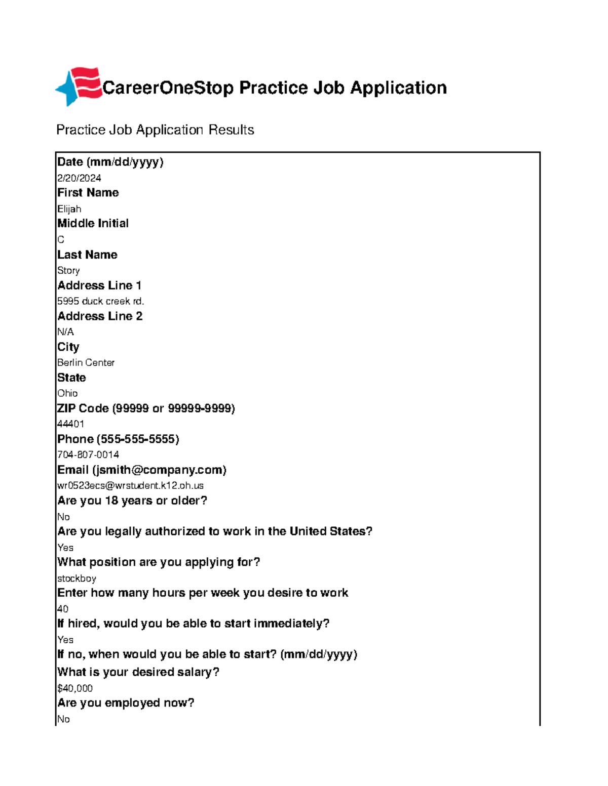 Practice Job Application Results - CareerOneStop Practice Job ...