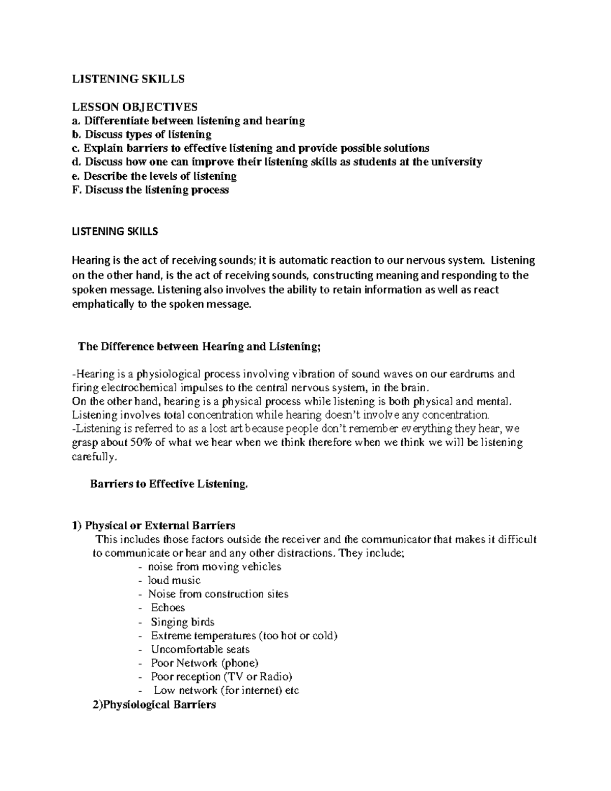 Listening Skills - LISTENING SKILLS LESSON OBJECTIVES a. Differentiate ...