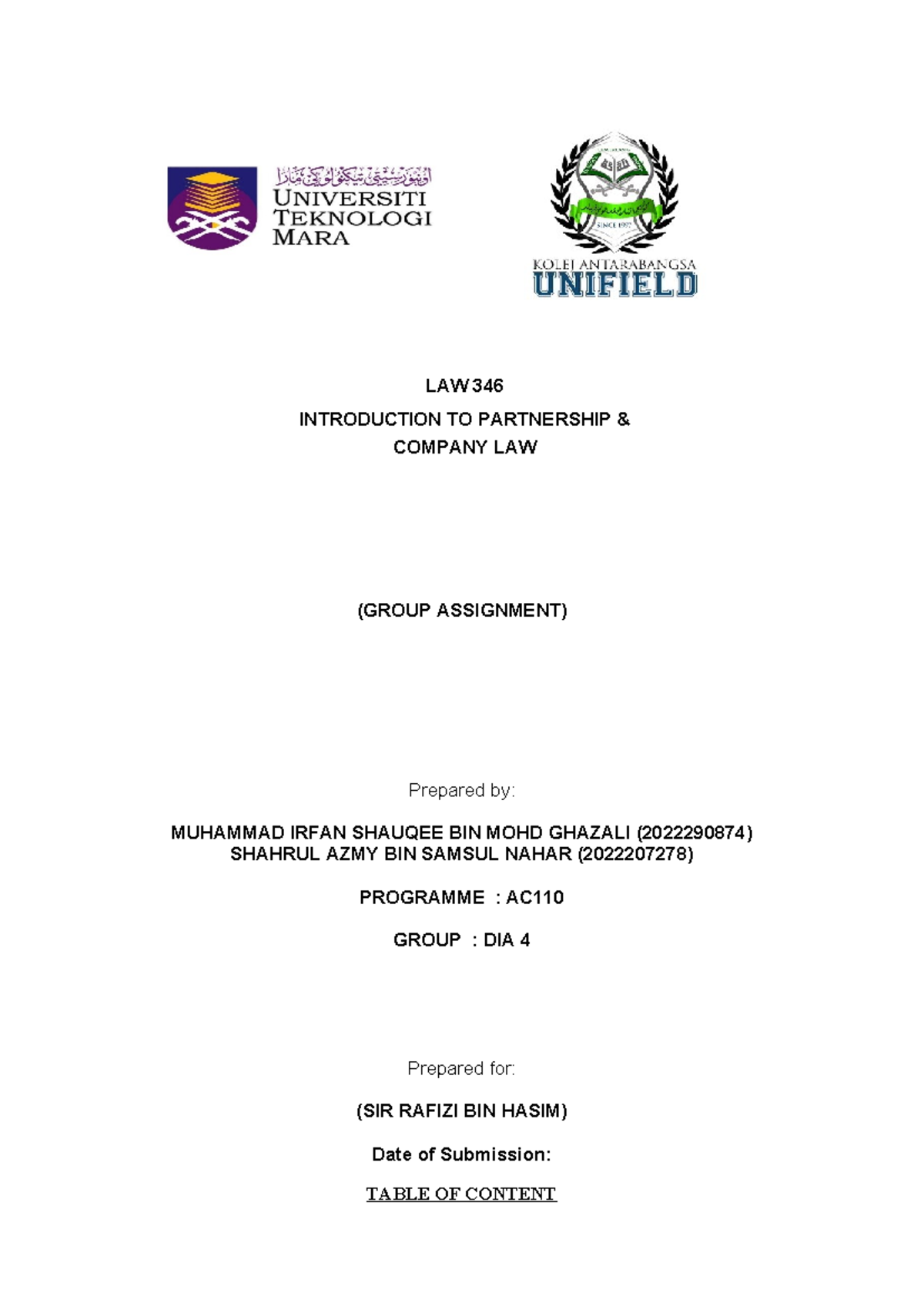 Law group assignment - ROY - LAW 346 INTRODUCTION TO PARTNERSHIP ...