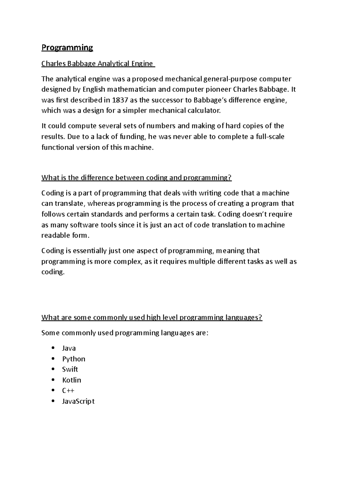 Intro to programming - Programming Charles Babbage Analytical Engine The analytical engine was a ...