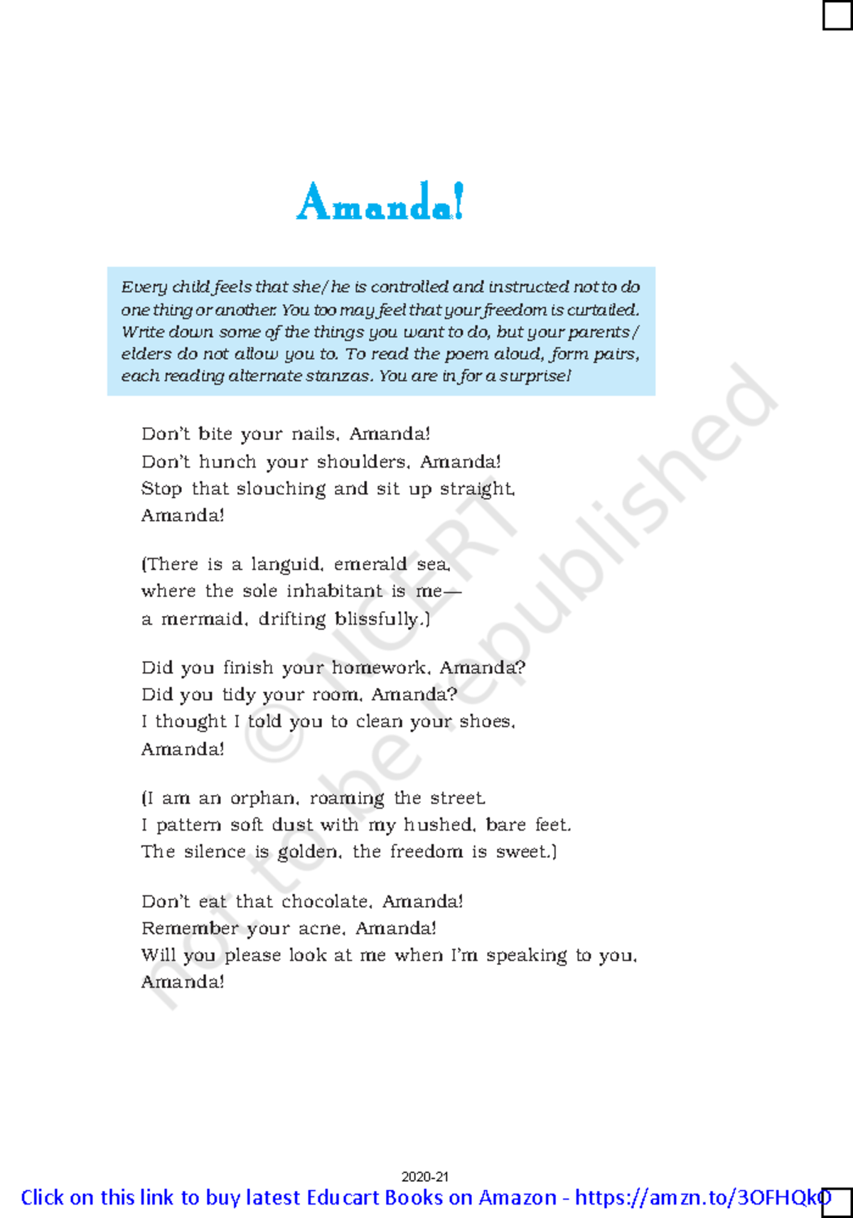 Amanda Full Poem _ NCERT Solutions for Class 10 English First Flight ...