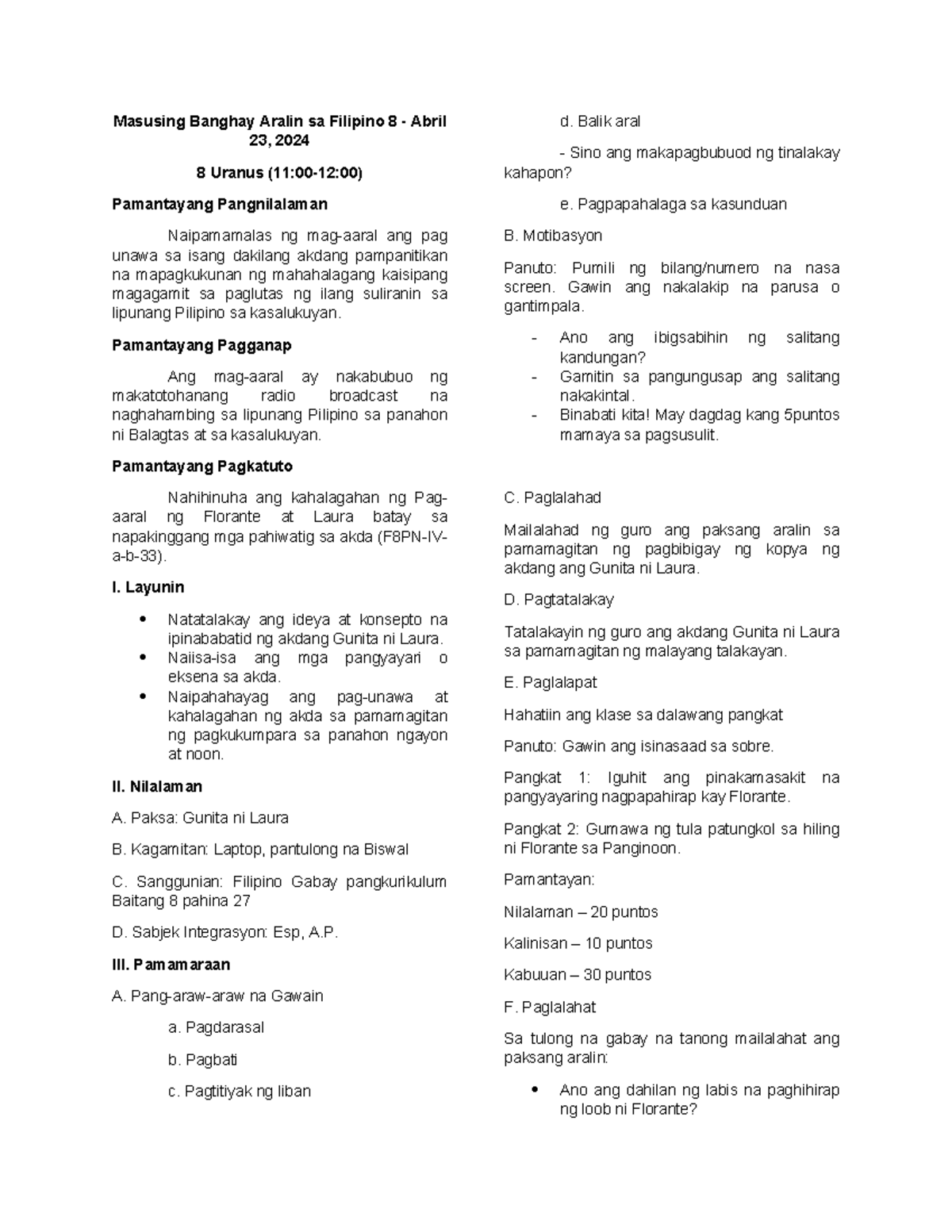 Lp fil april 23 - Lesson Plan in Filipino - Masusing Banghay Aralin sa ...