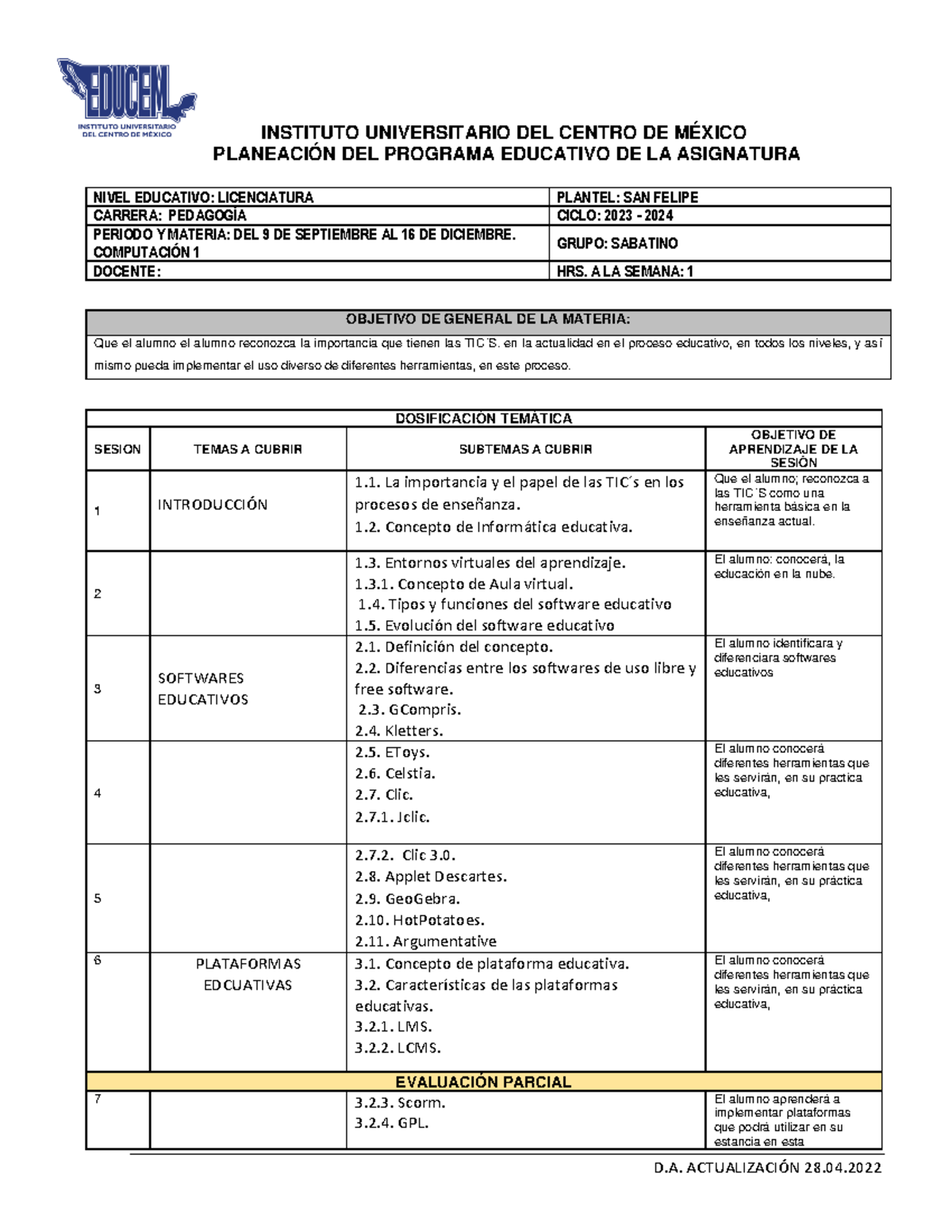 Pedagogia Formato DE Planeacion Educem - PLANEACIÓN DEL PROGRAMA EDUCATIVO DE LA ASIGNATURA ...
