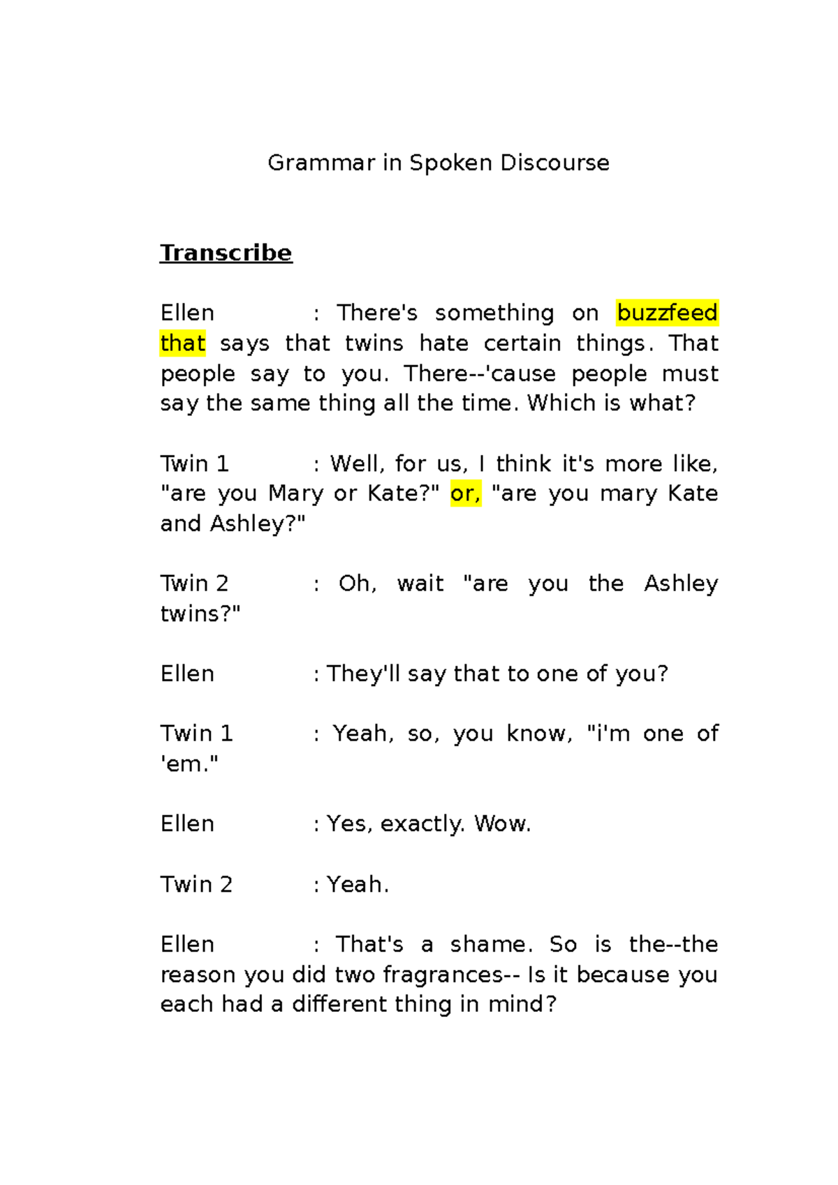 Assignment Conversation Analysis - Grammar in Spoken Discourse ...