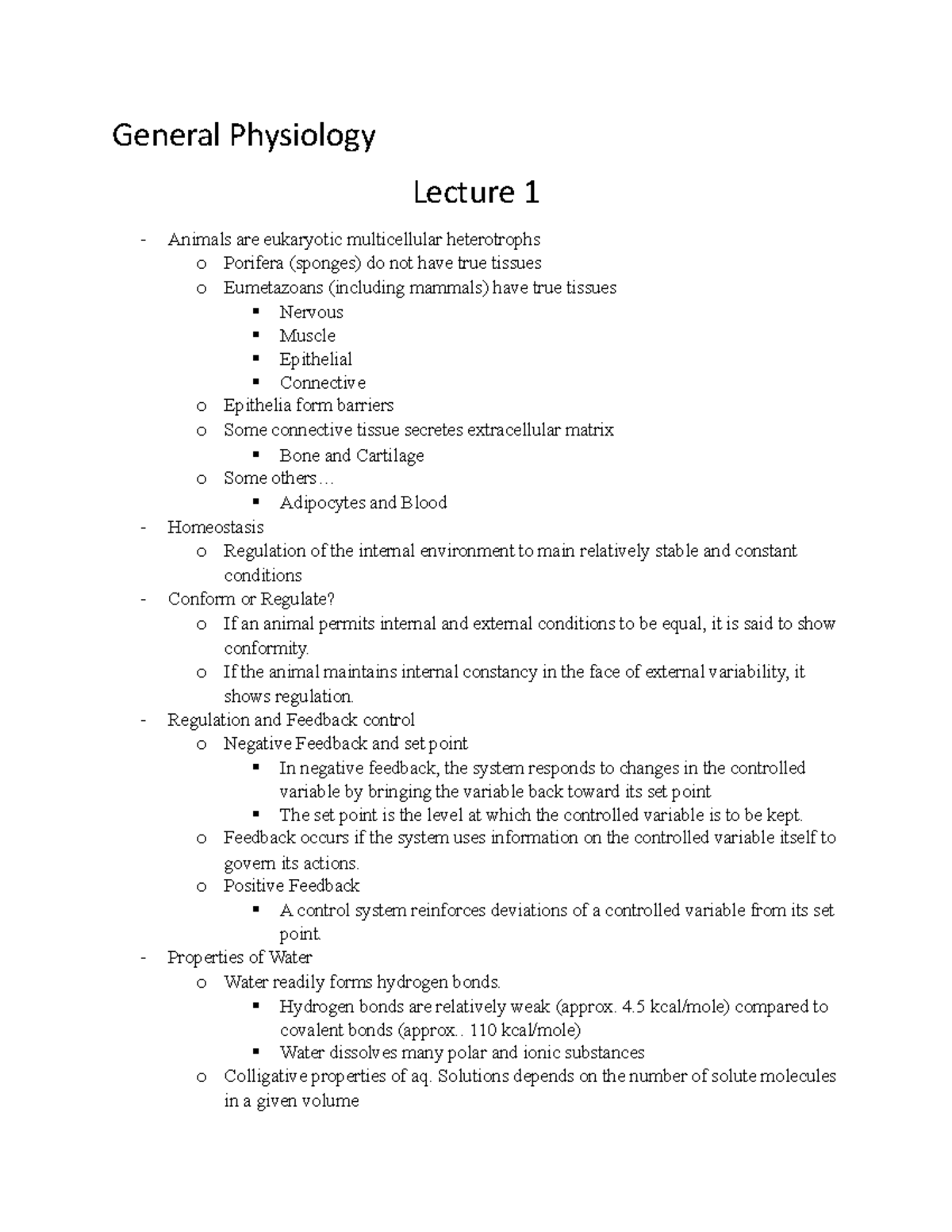 General Physiology - Lecture notes 1 - General Physiology Lecture 1 ...