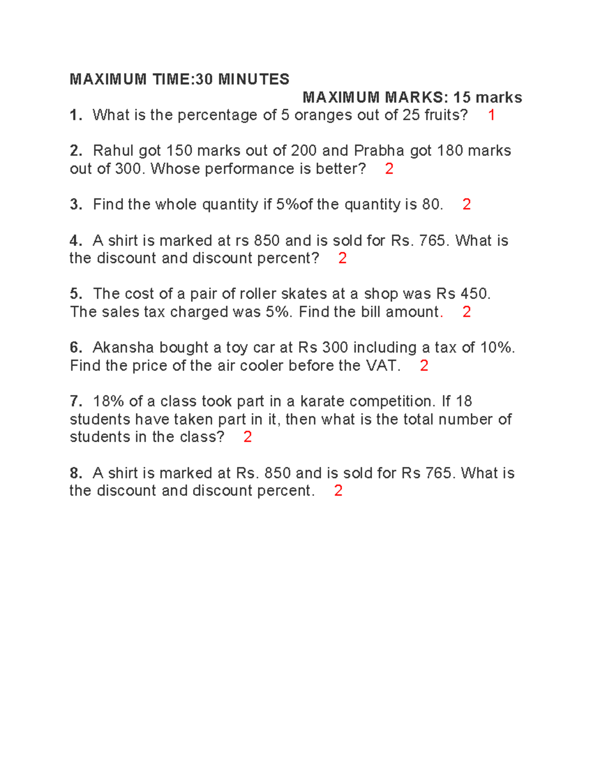 WT 2 Practice Maths Sample Test Paper - MAXIMUM TIME:30 MINUTES MAXIMUM ...