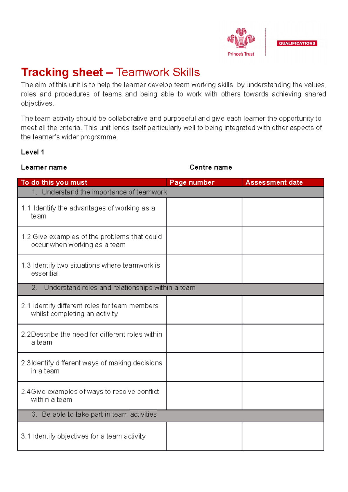 Teamwork skills level 1 - Tracking sheet – Teamwork Skills The aim of ...