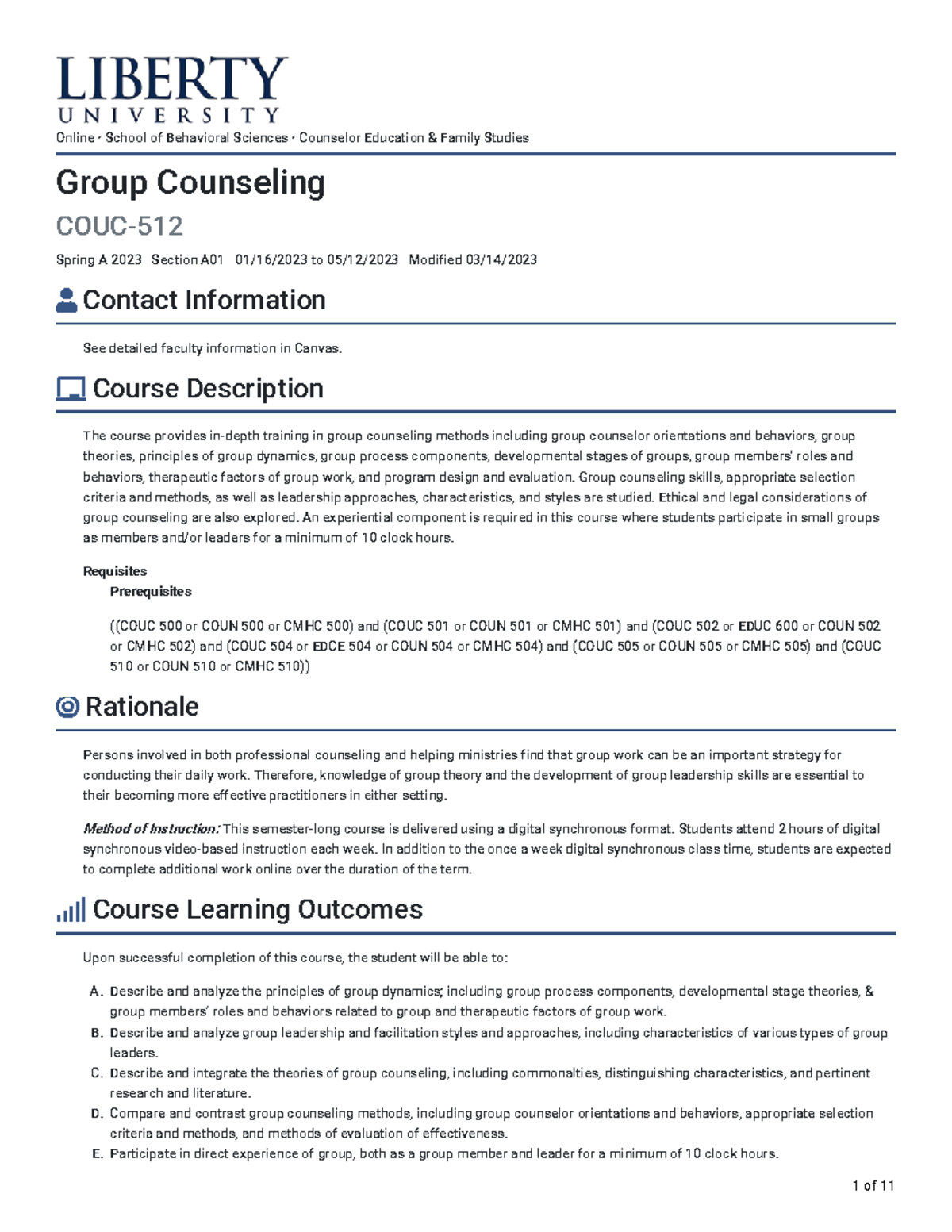 Group Counseling COUC 512 Spring A 2023 Syllabus - Contact Information ...