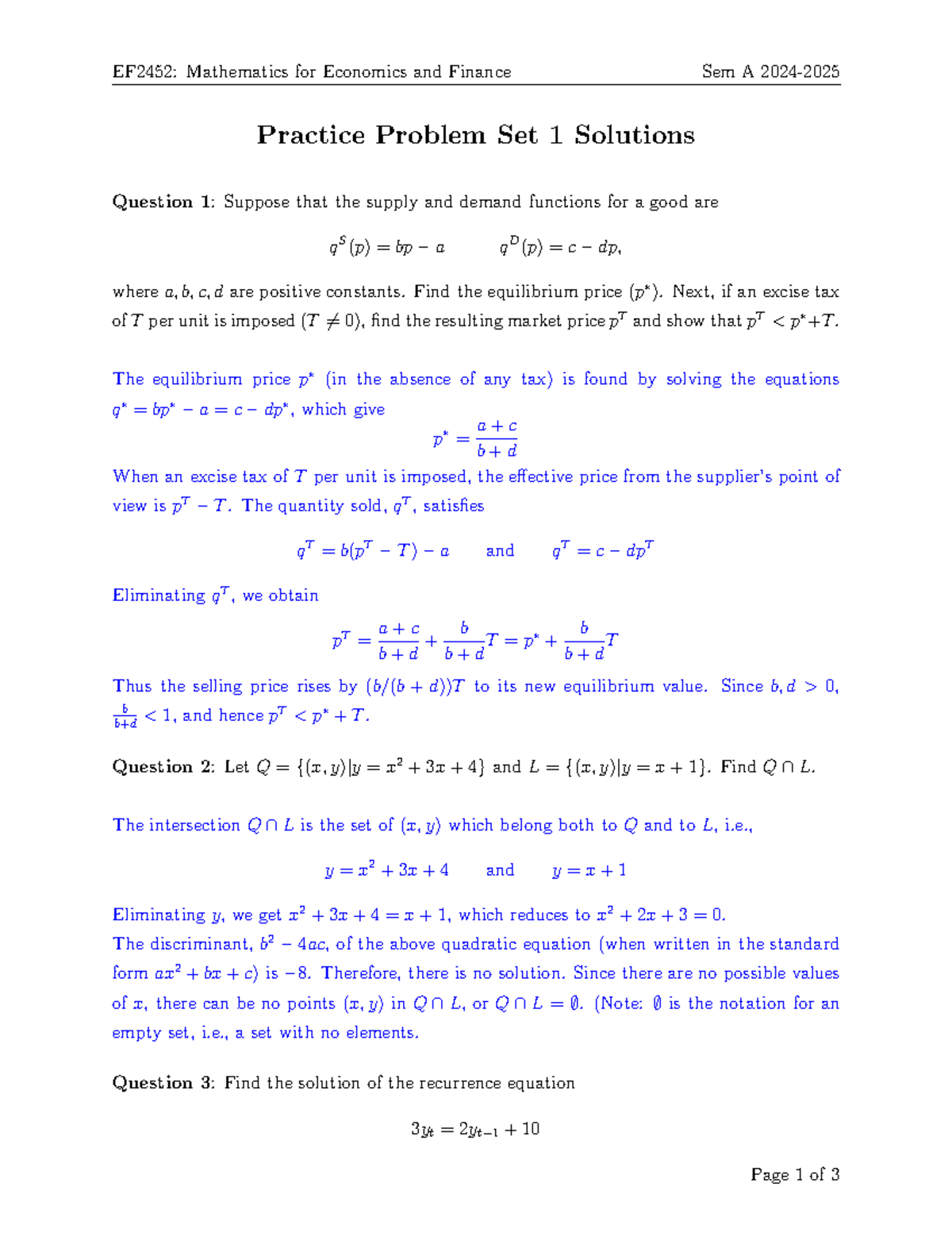 Practice Problems 1 Solutions - EF2452: Mathematics for Economics and ...