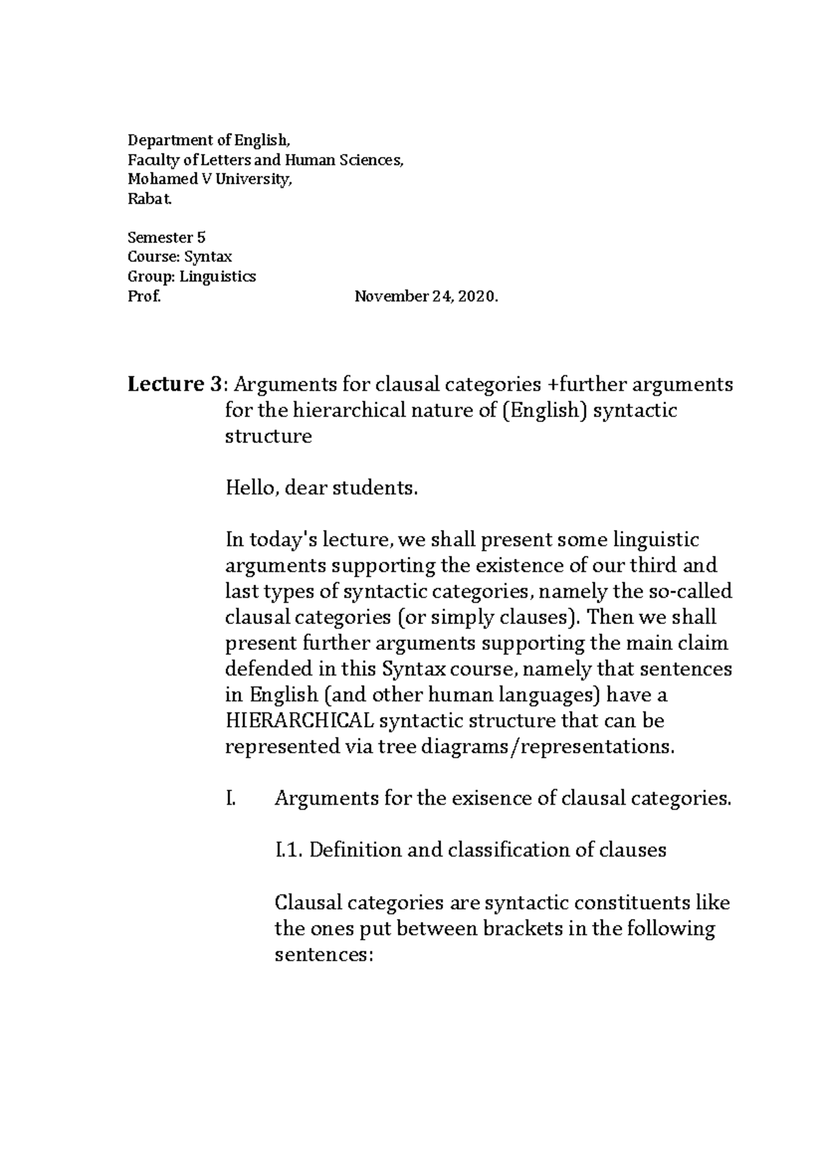 Syntax, Arguments for the exisence of clausal categories - Department ...