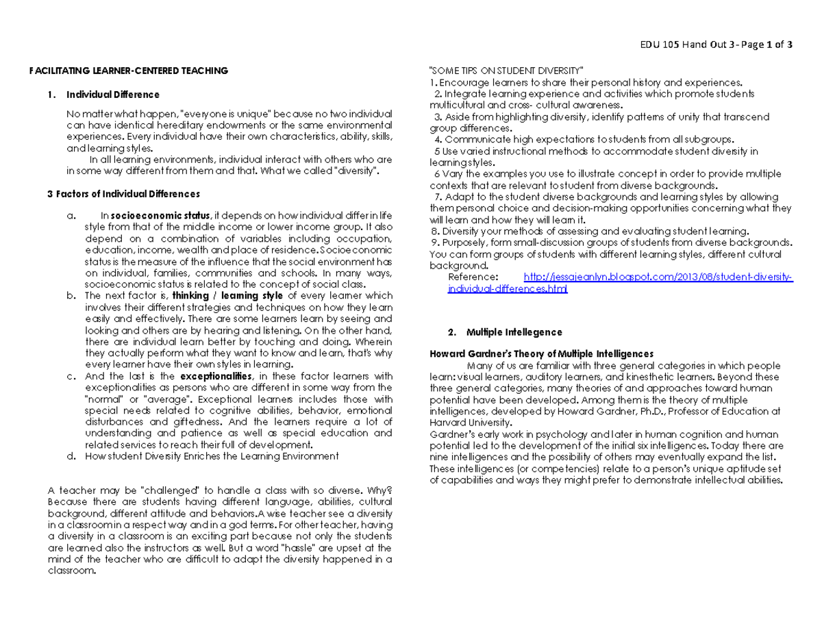 EDU 105 H3 - Handout - EDU 105 Hand Out 3- Page 1 of 3 FACILITATING LEARNER-CENTERED TEACHING ...