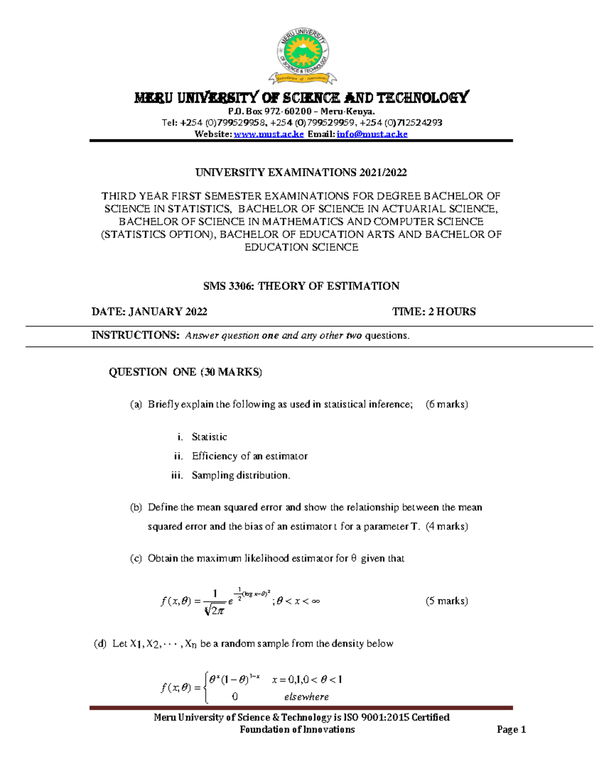 SMS 3306 Theory OF Estimation - Meru University of Science & Technology ...