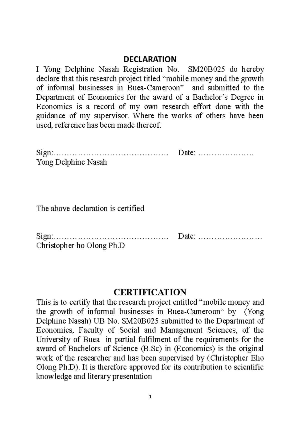 Delphine chapter one to two - DECLARATION I Yong Delphine Nasah ...