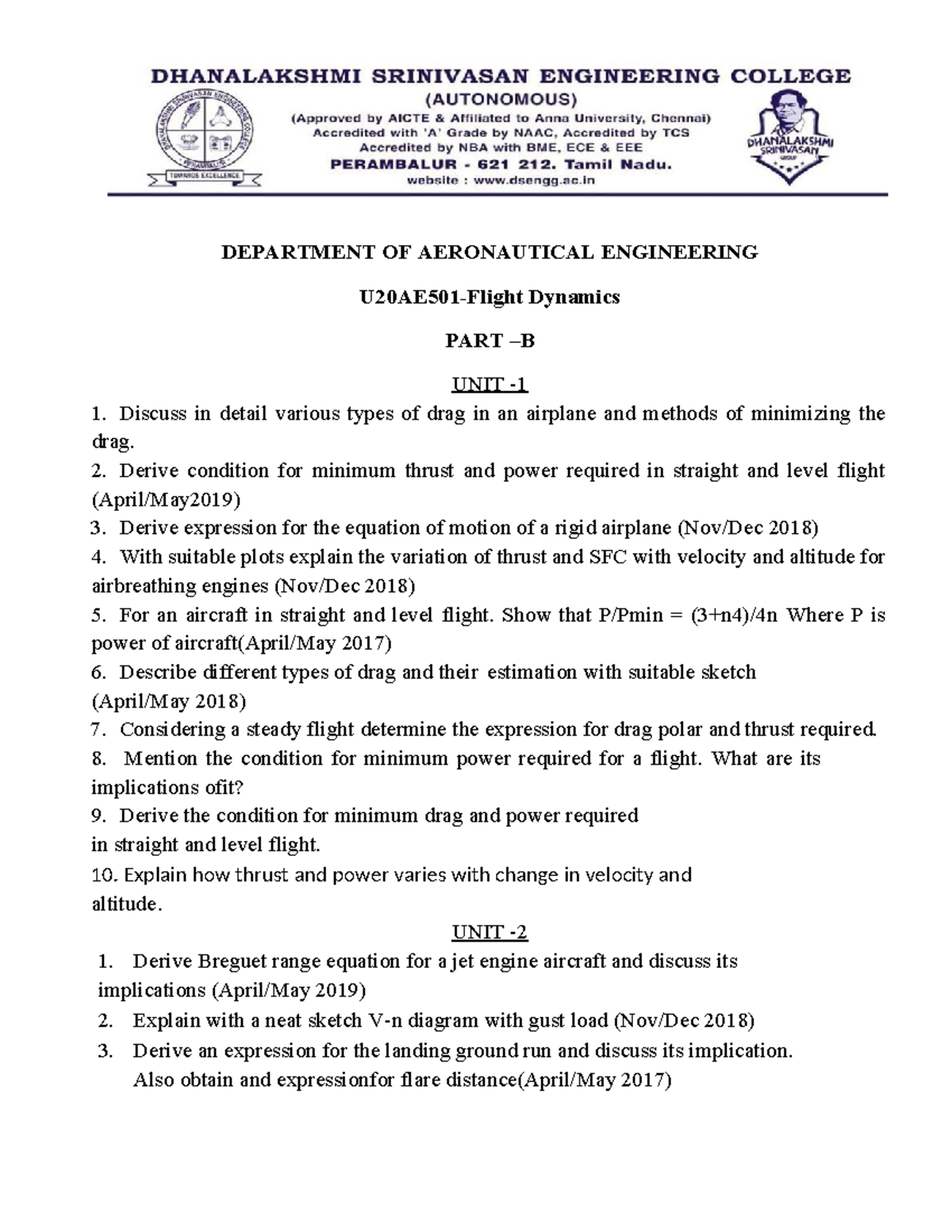 Flight dynamics (Part-B) - DEPARTMENT OF AERONAUTICAL ENGINEERING ...