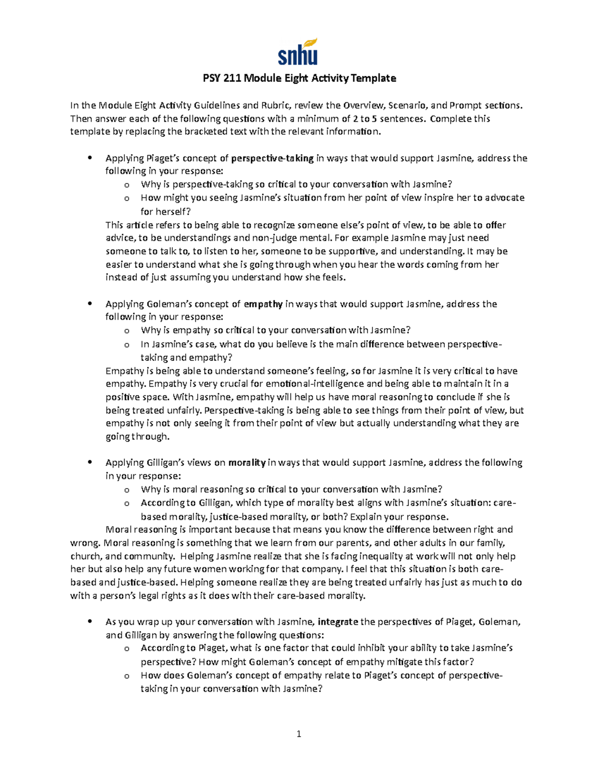 PSY 211 Module Eight Activity Template - Then answer each of the ...