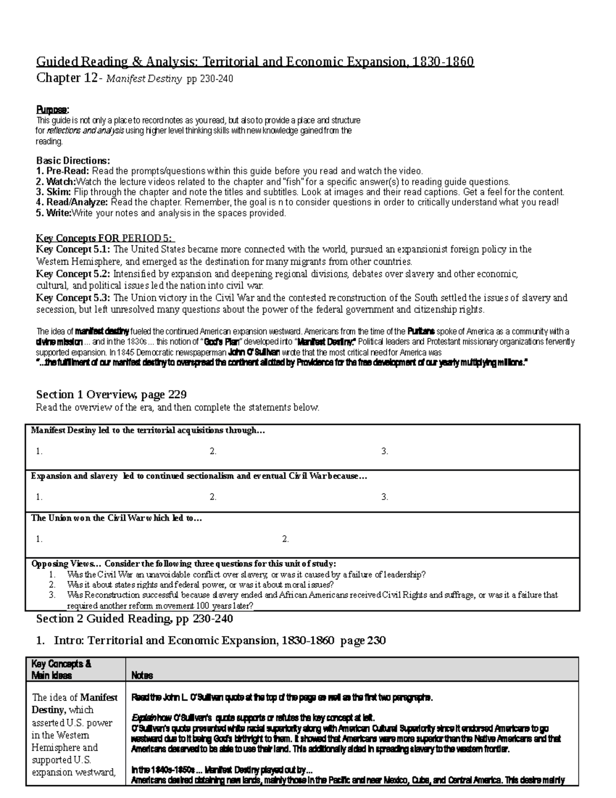 Overview of a Period of US History - Guided Reading & Analysis ...