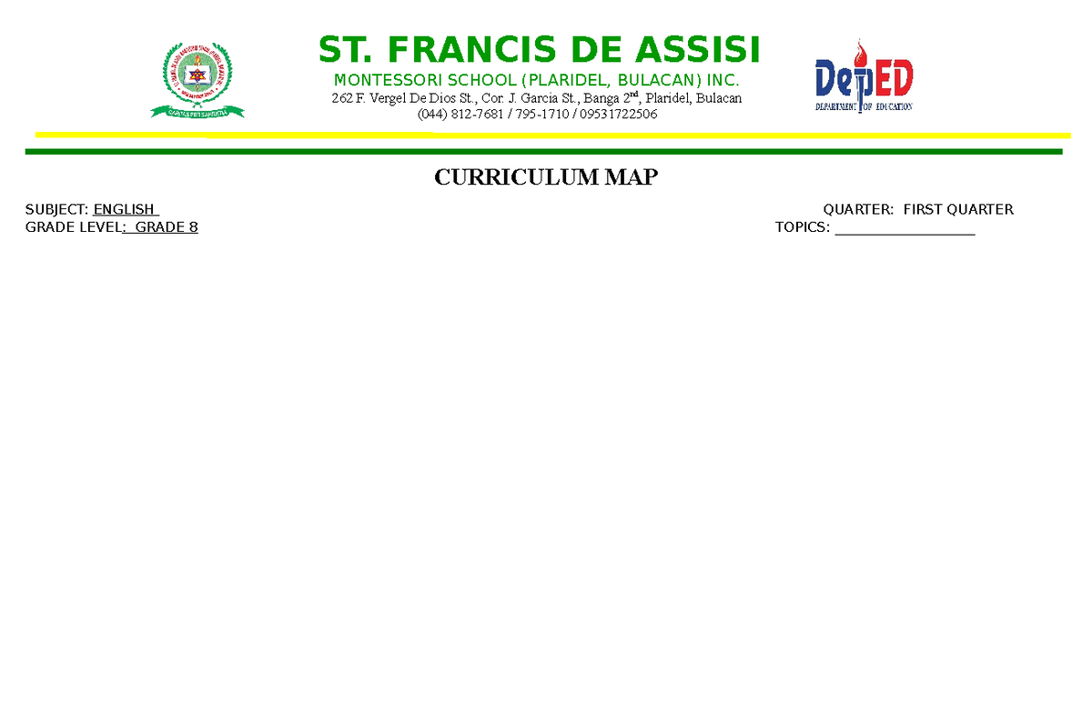 Curriculum MAP English 8 - CURRICULUM MAP SUBJECT: ENGLISH QUARTER ...