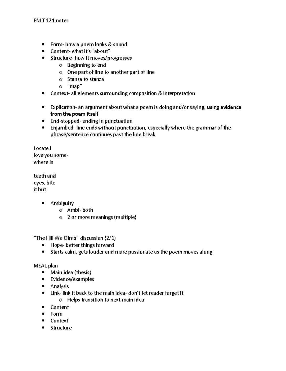 ENLT notes unit 1 - Form- how a poem looks & sound Content- what it’s ...