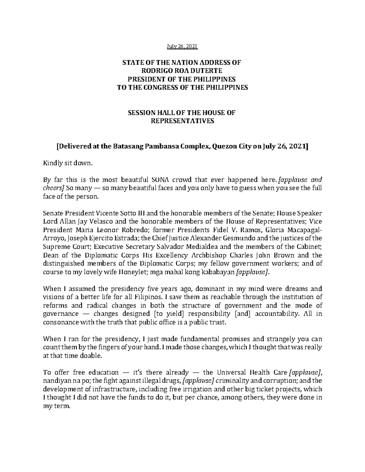 President Duterte's 6th SONA - July 26, 2021 STATE OF THE NATION ...