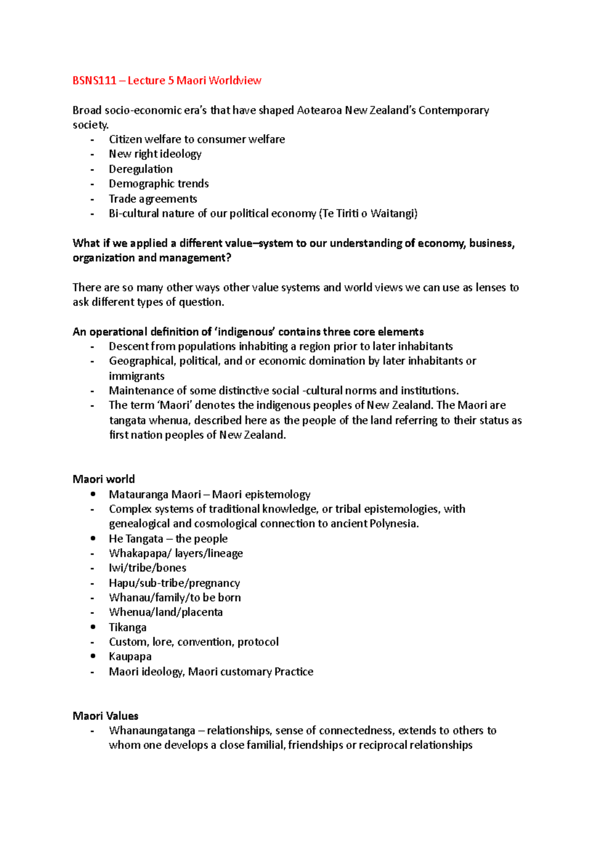 BSNS111 - Maori Worldveiw - BSNS111 – Lecture 5 Maori Worldview Broad ...