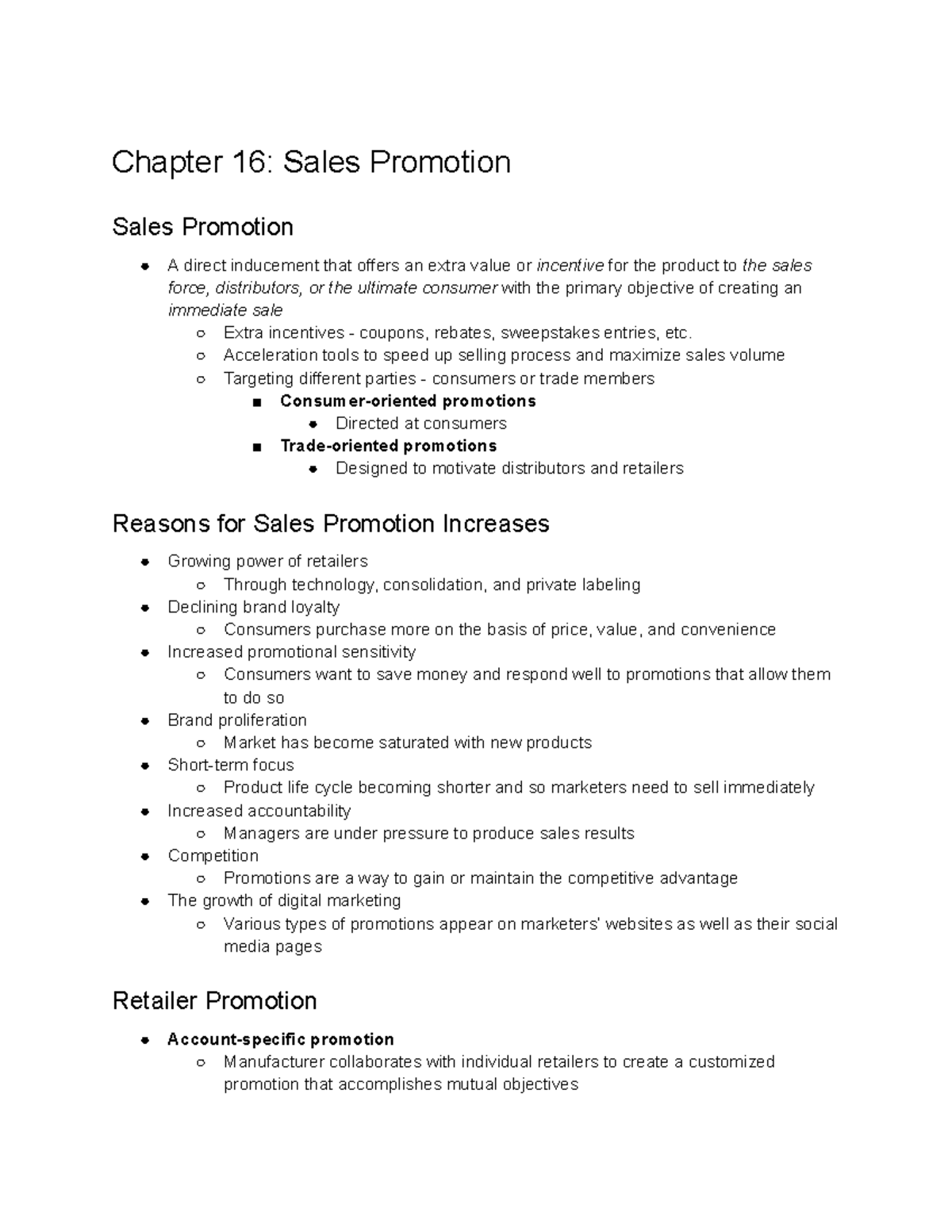 MKTG420 Ch16 - Chapter summary - Chapter 16: Sales Promotion Sales ...