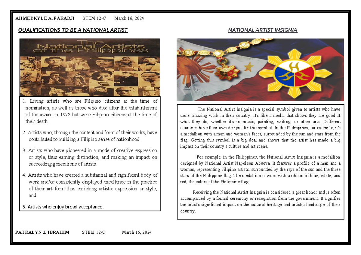 Ahmedkyle-A - to support my studies - The National Artist Insignia is a ...