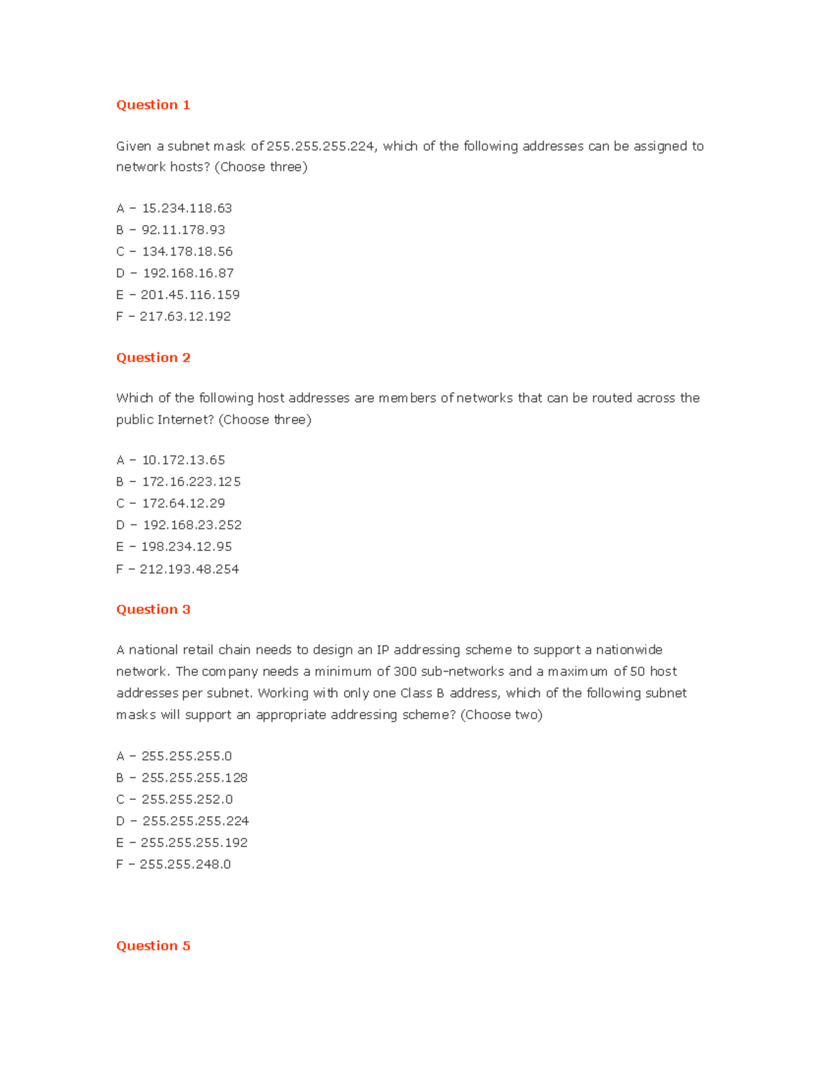 Subnetting Exercise Hola Question 1 Given A Subnet Mask Of 255 255
