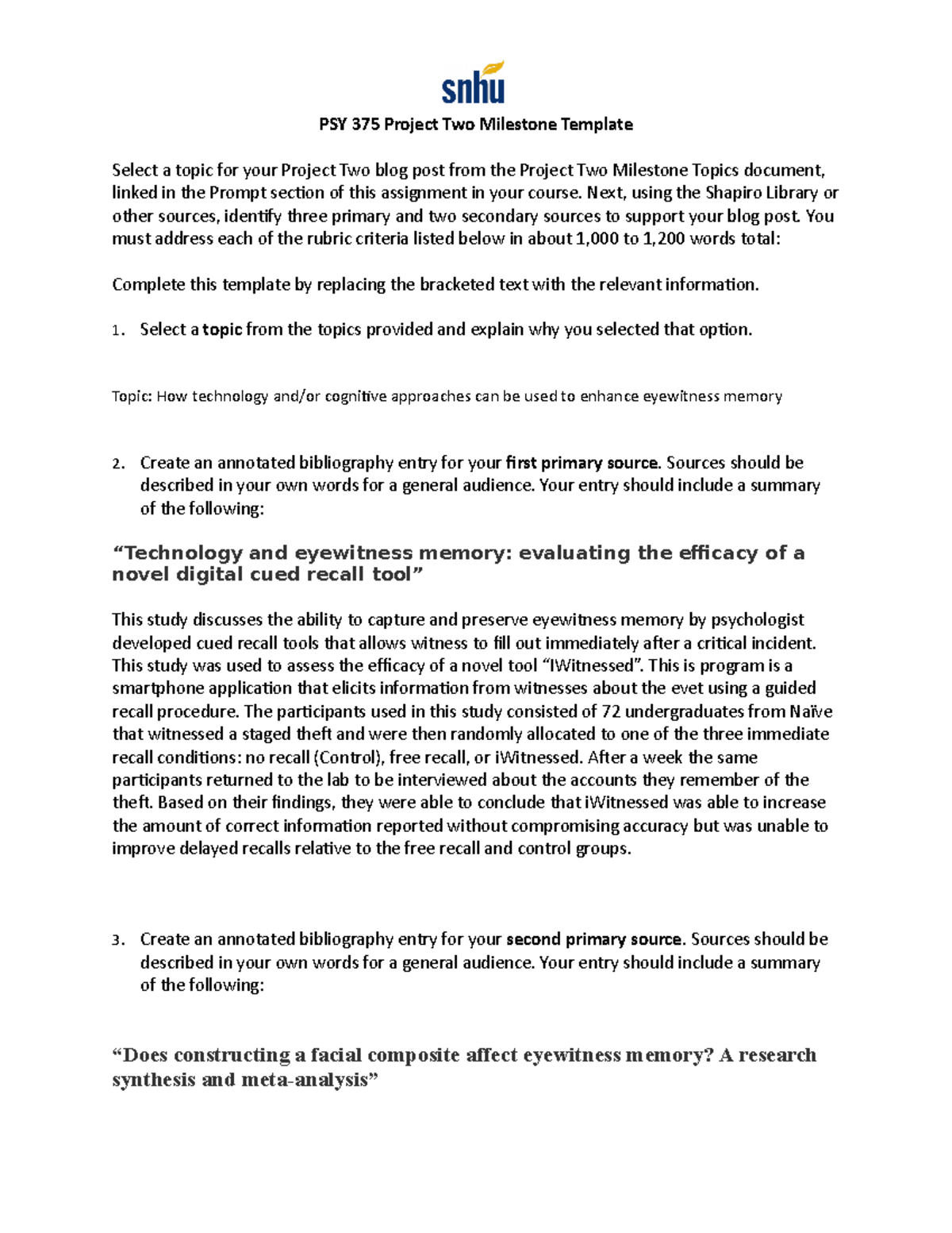PSY 375 Project Two Milestone Template - PSY 375 Project Two Milestone ...