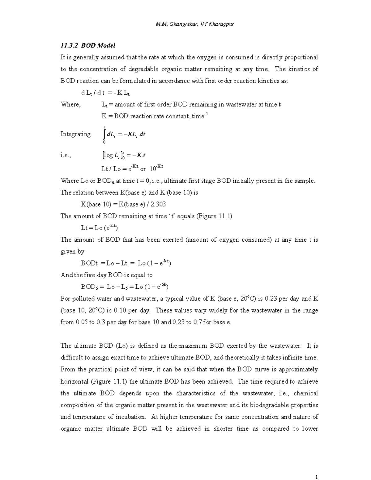 BOD Calculations and estimations - 11.3 BOD Model It is generally ...