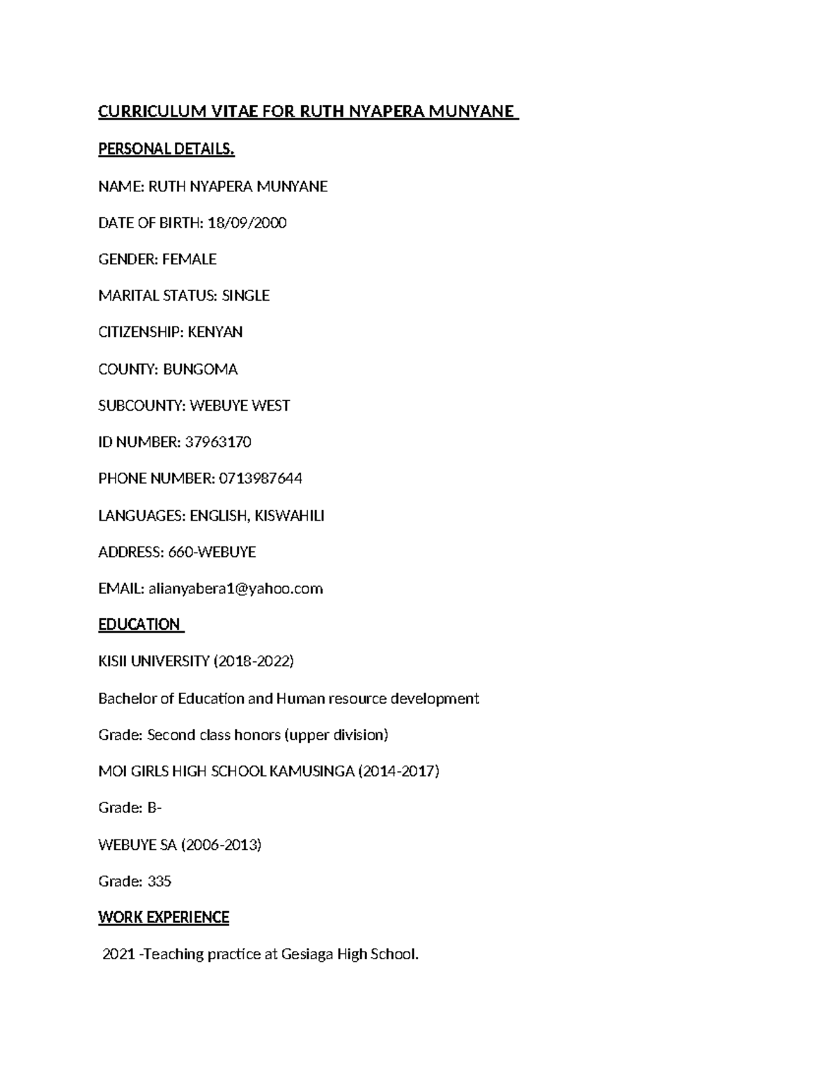 Cv final copy - good - CURRICULUM VITAE FOR RUTH NYAPERA MUNYANE ...