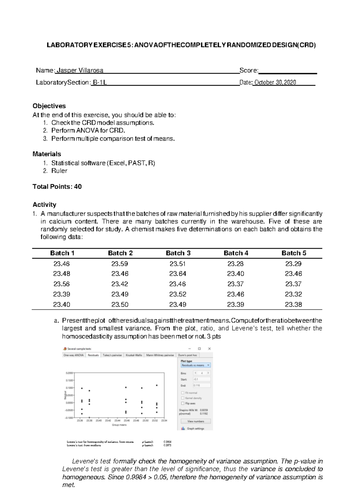 Lab 5 Anova of the Completely Randomized Design AMAT 131 Statistical ...