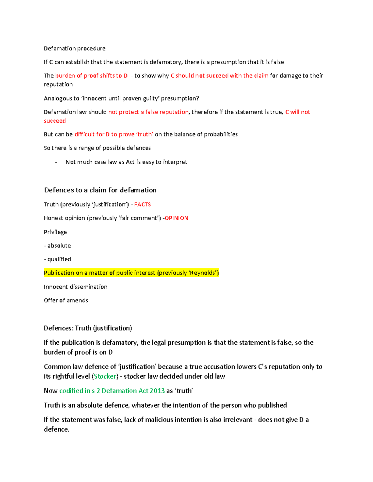 Defamation - defences - Defamation procedure If C can establish that ...