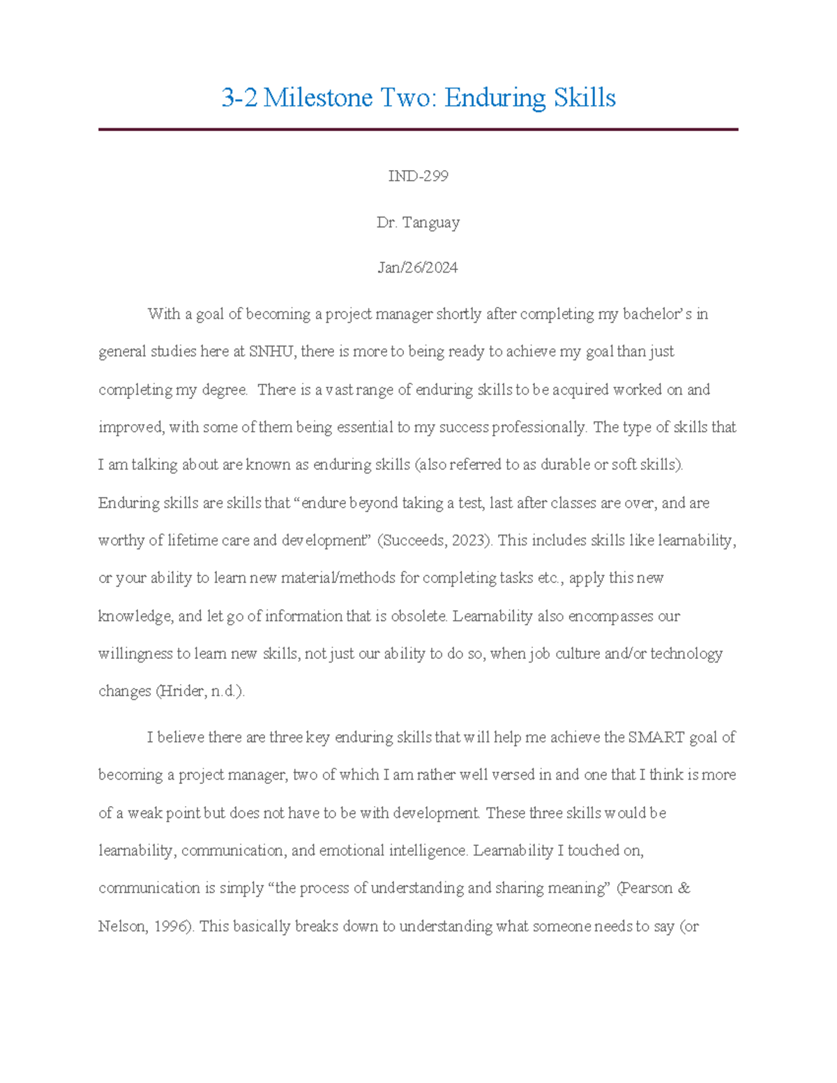 3-2 Milestone Two Enduring Skills - 3-2 Milestone Two: Enduring Skills ...