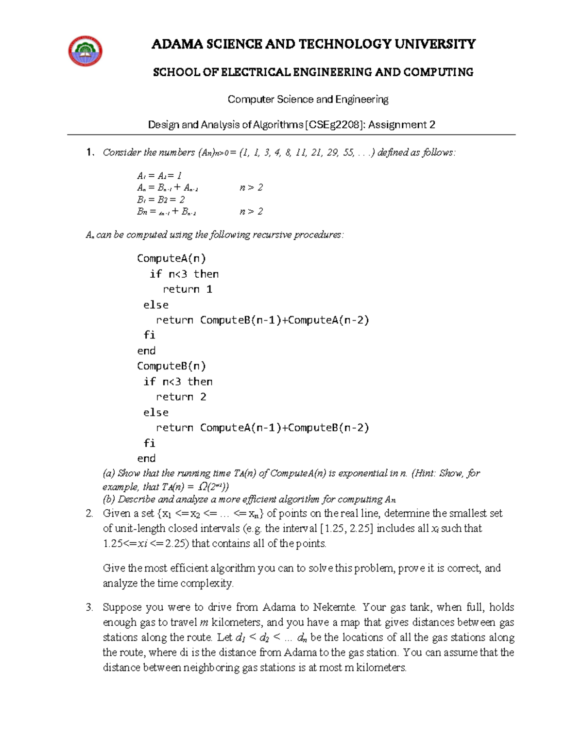 Algo Analysys Assignment 2 - ADAMA SCIENCE AND TECHNOLOGY UNIVERSITY ...