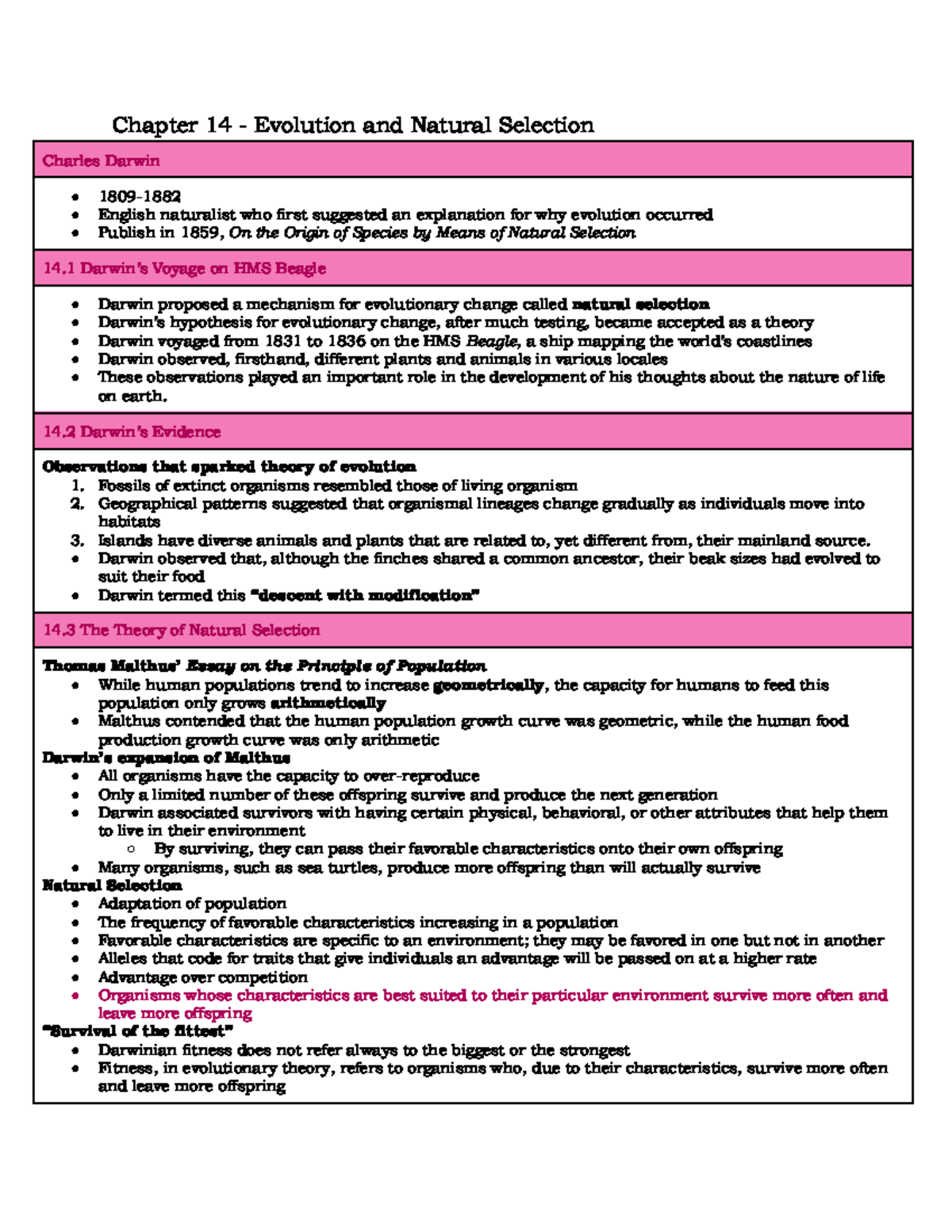 BIOL 100 Chapter 14 Notes - Evolution and Natural Selection - Chapter ...