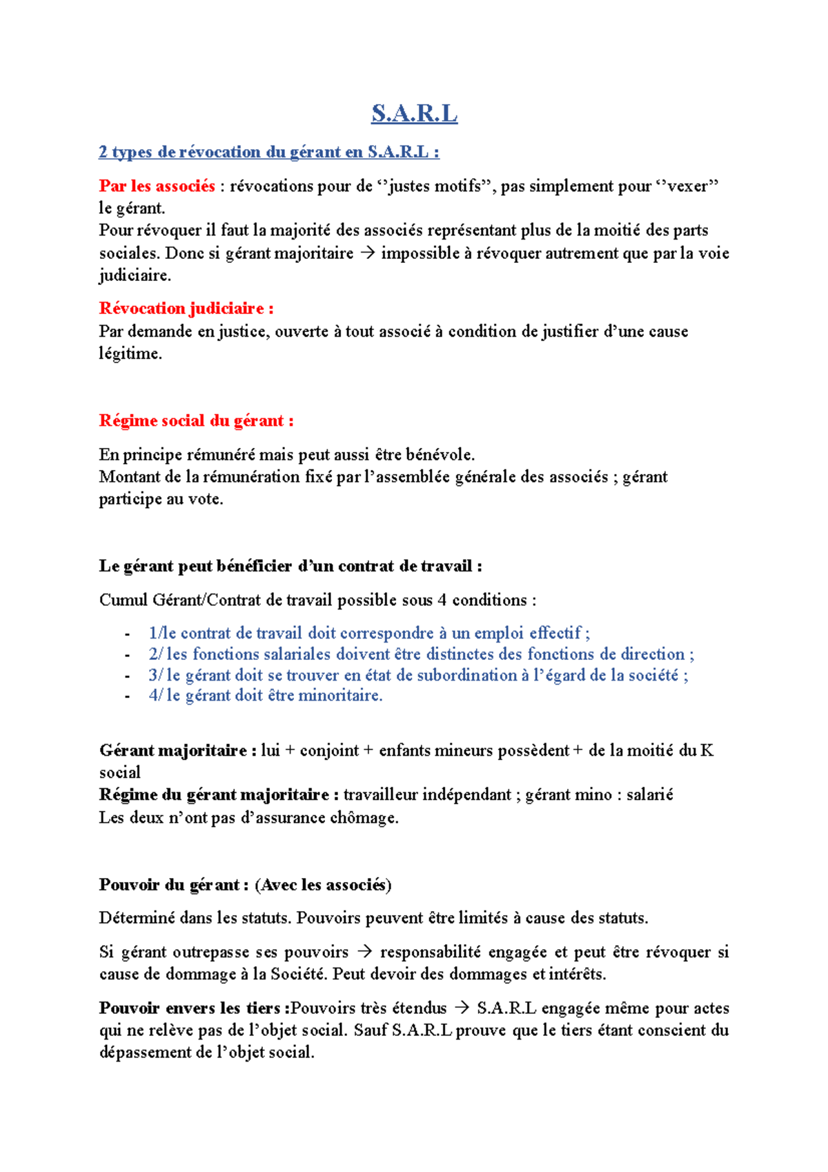 Fiche SARL - S.A.R 2 types de révocation du gérant en S.A.R : Par les ...