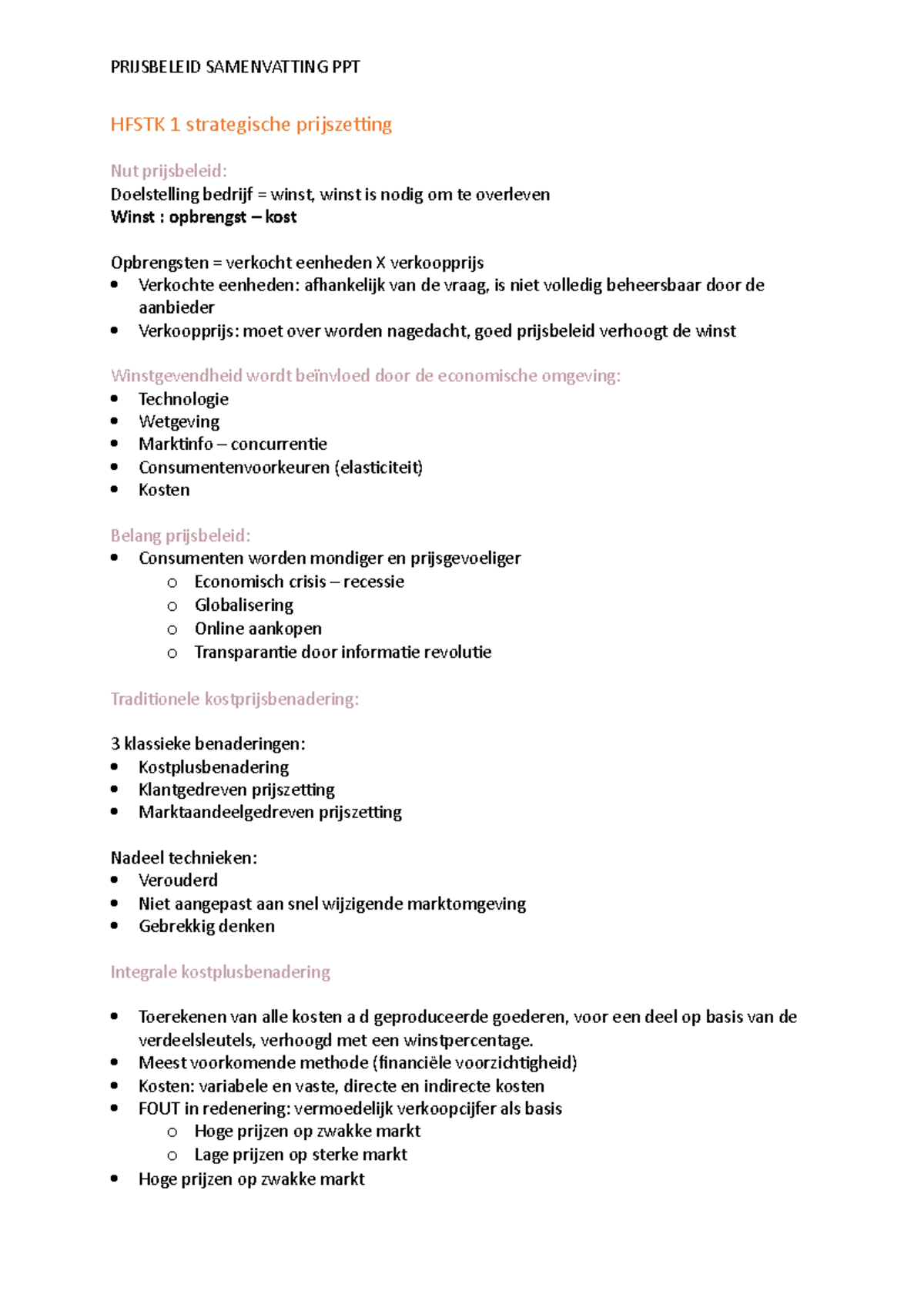Prijsbeleid-ppt - PRIJSBELEID SAMENVATTING PPT HFSTK 1 strategische ...