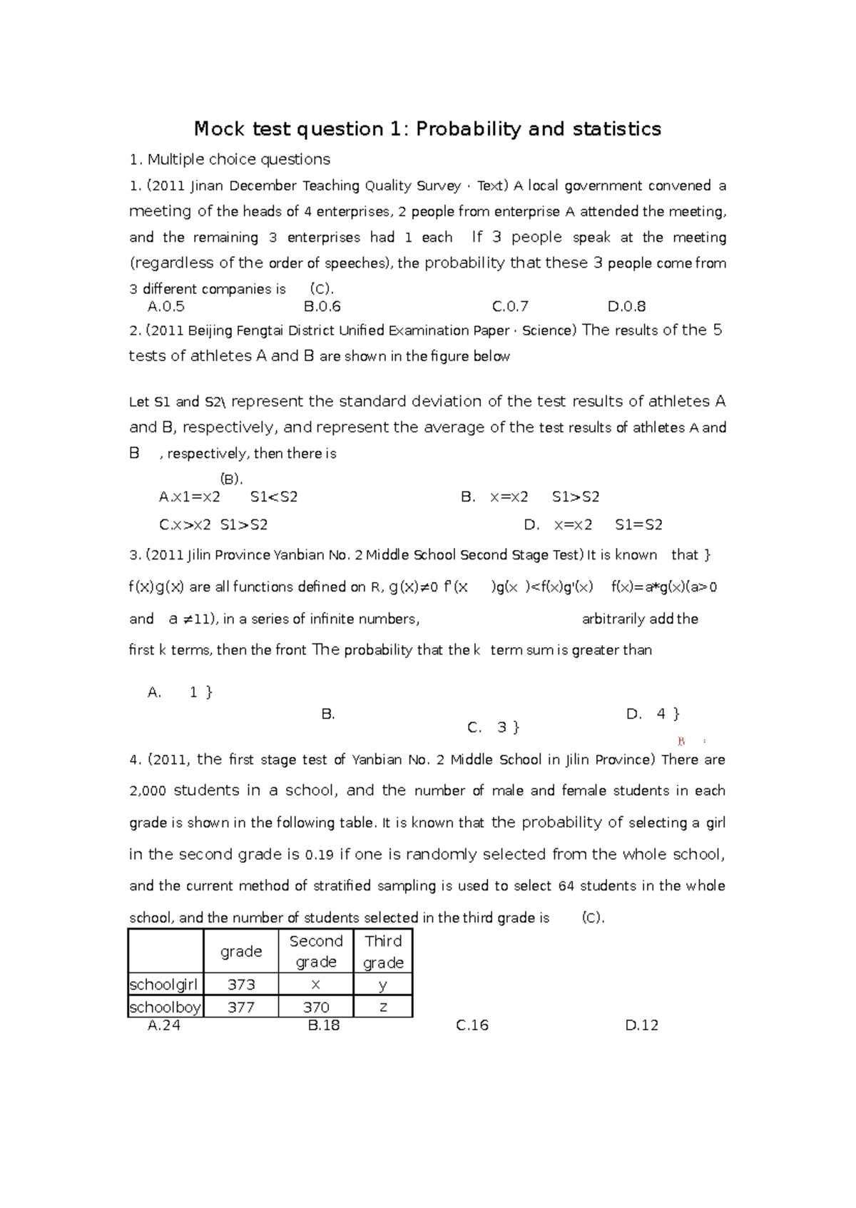 Mock test question 1- Probability and statistics - Mock test question 1 ...
