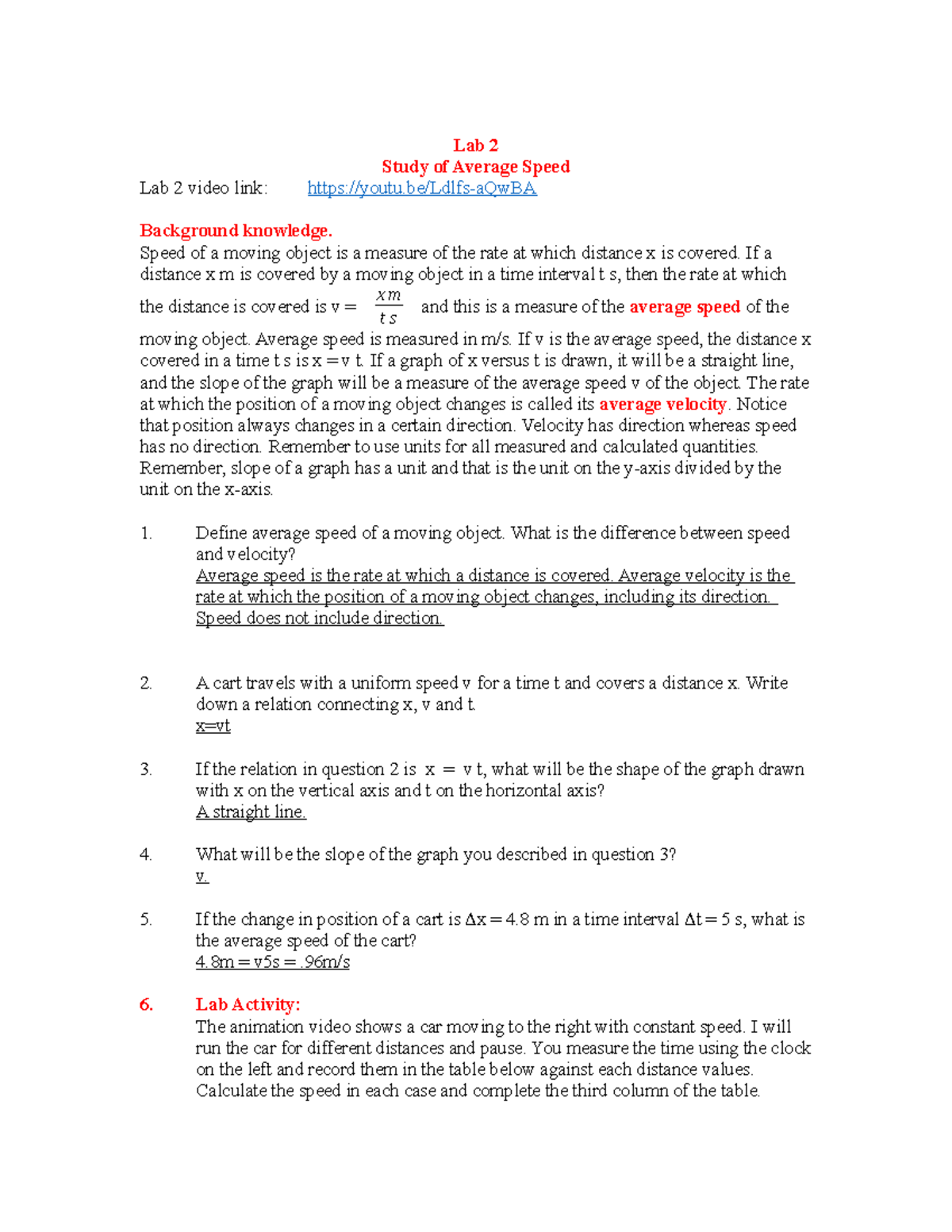 Lab 2 Average speed - Assignment for Fundamental of Physical World ...