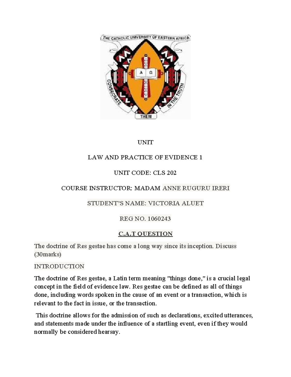 Evidence LAW AND Practice 1 CAT - UNIT LAW AND PRACTICE OF EVIDENCE 1 ...