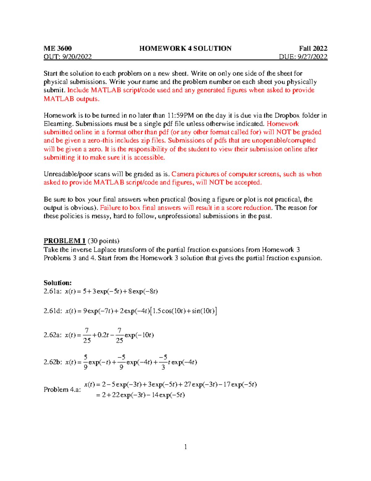 ME3600 Homework 04 Solution - ME 3600 HOMEWORK 4 SOLUTION Fall 2022 OUT ...