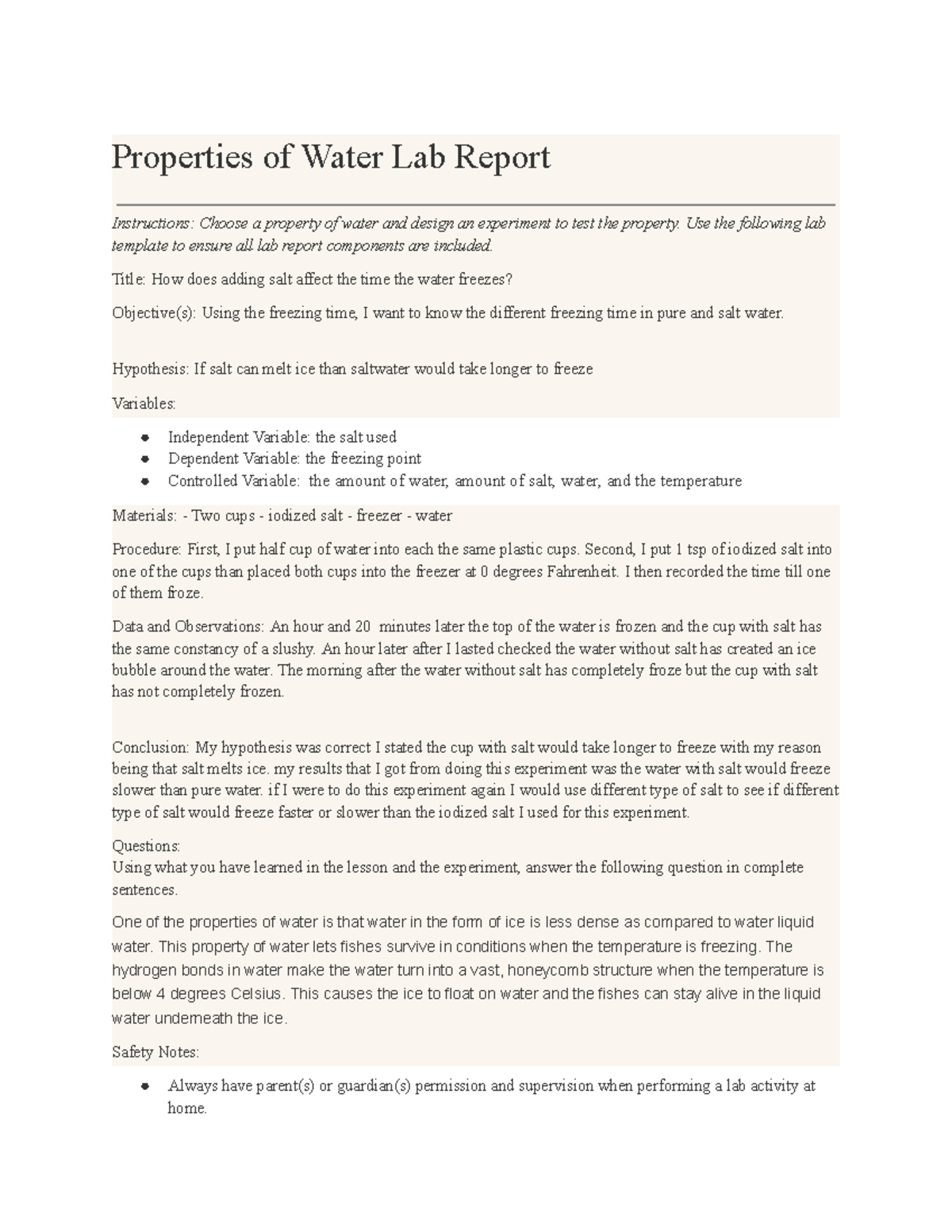 Properties of Water Lab Report - Properties of Water Lab Report ...