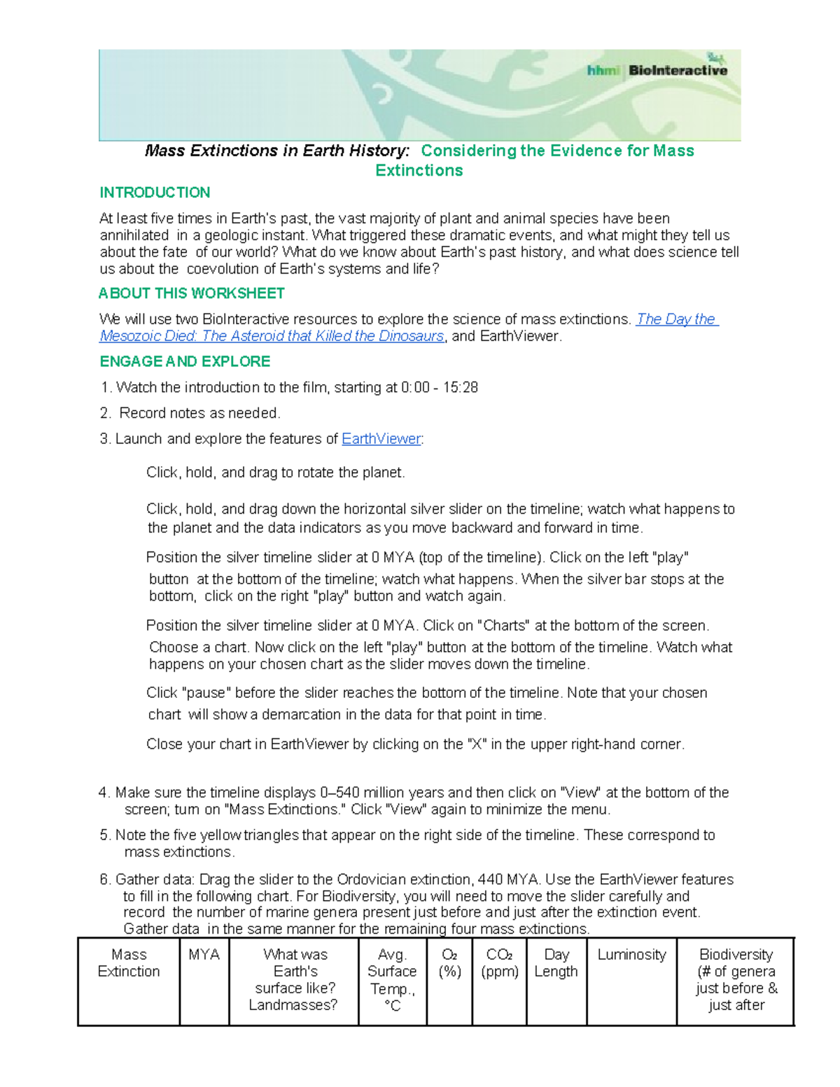 Mass Extinction in Earth History HHMI - Mass Extinctions in Earth ...