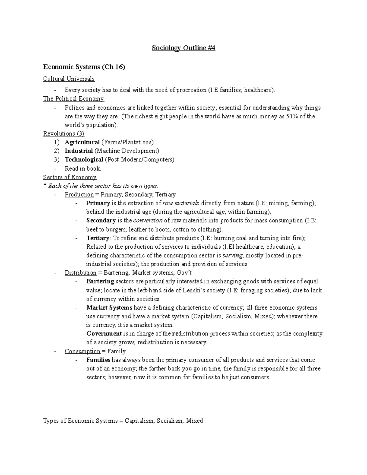 Sociology Outline #4 - Lecture notes 30-40 - Sociology Outline Economic ...