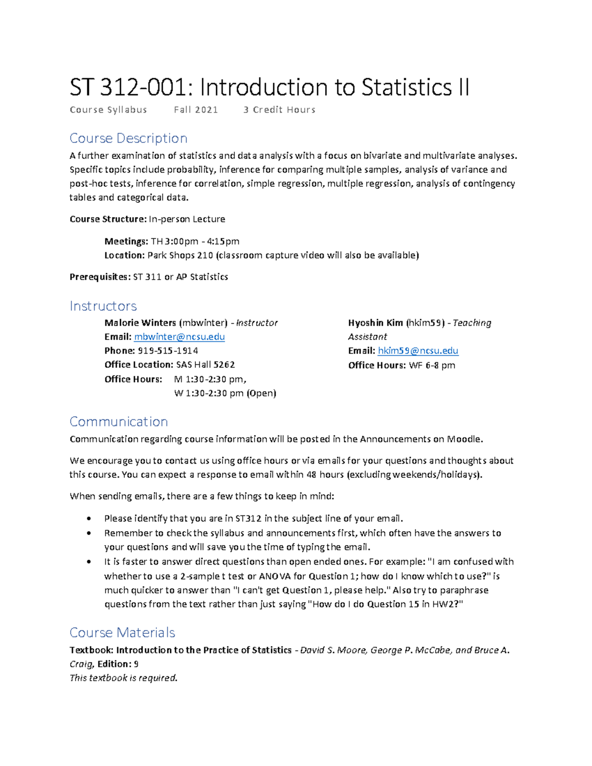 ST312 Winters FA21 1 - Course Syllabus - ST 312-001: Introduction to ...