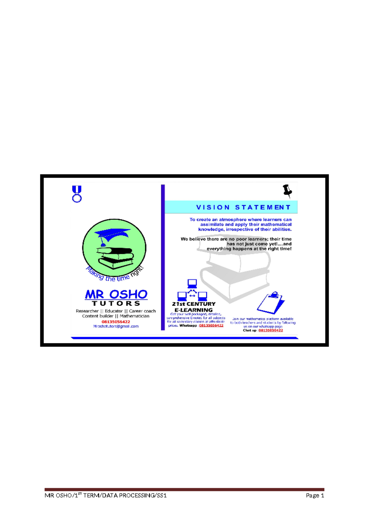 1st Term S1 Data Processing First Term E Learning Note Subject Data Processing Class Sss