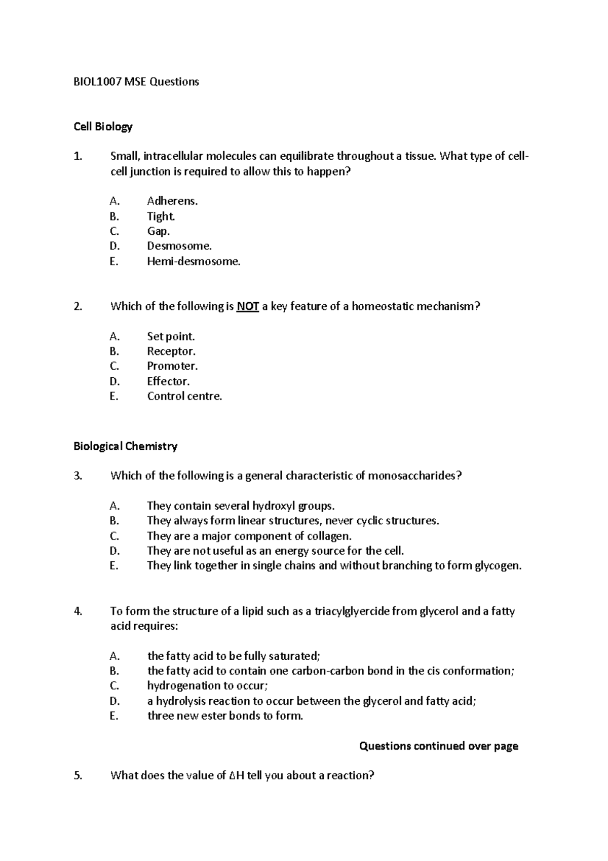 BIOL1007 MSE Practice Questions - BIOL1007 MSE Questions Cell Biology ...