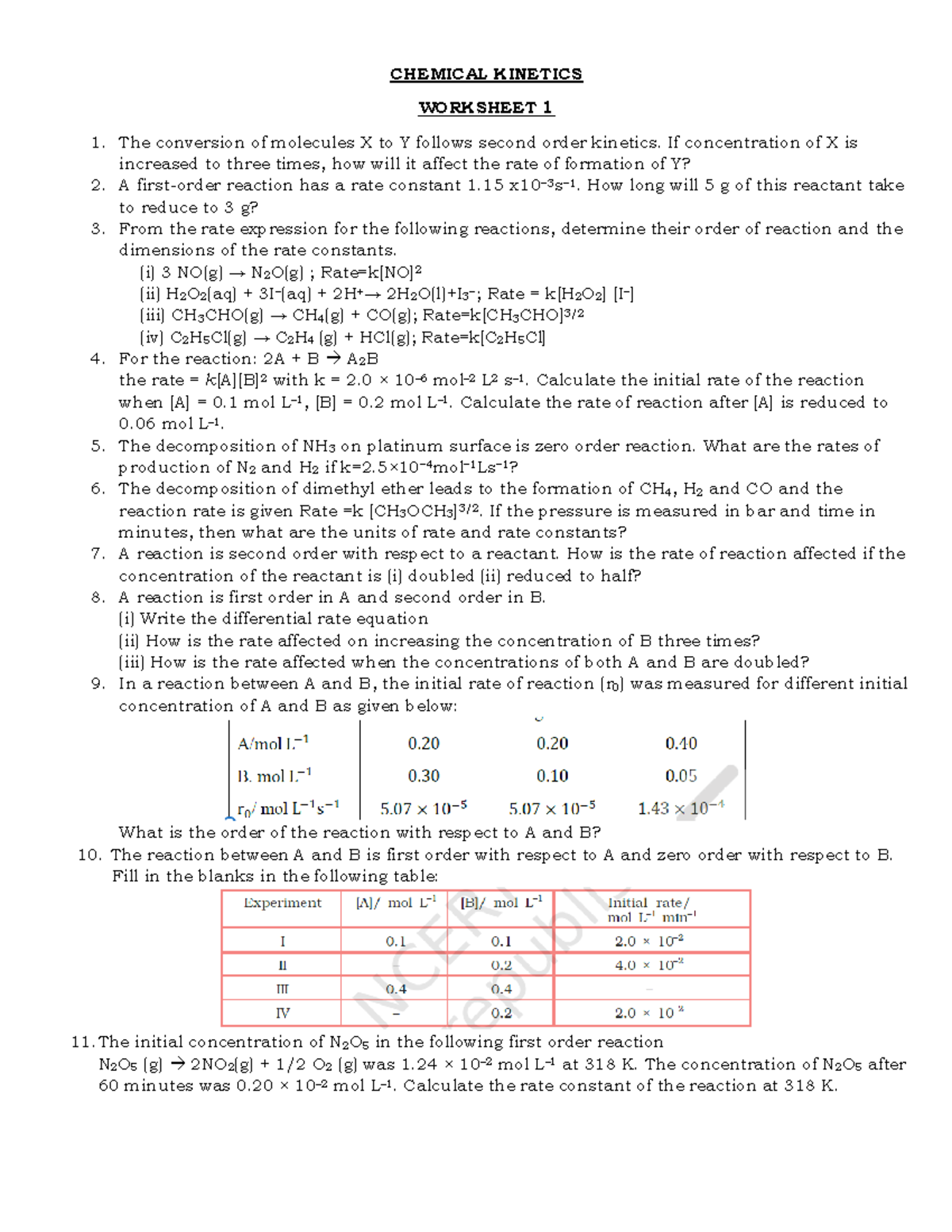 Chemical Kinetics WS1 - good worksheet - CHEMICAL KINETICS WORKSHEET 1 ...